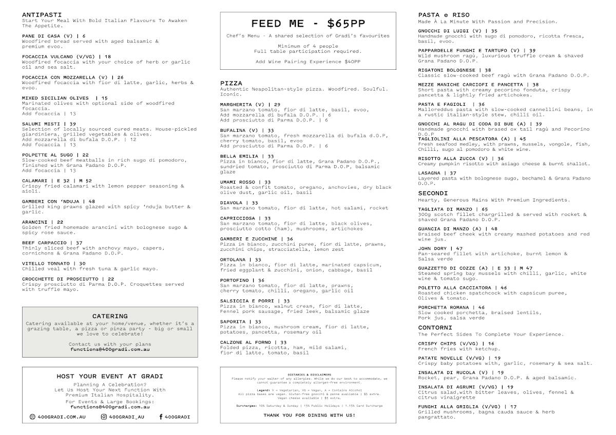 Menu at 400 Gradi - Essendon pizzeria, Essendon