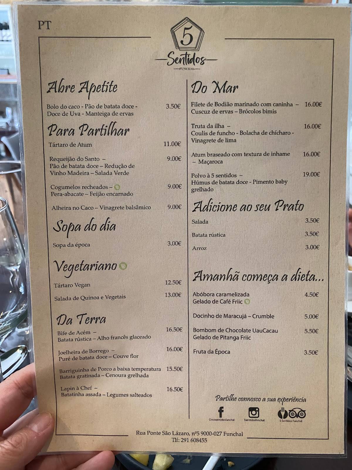 Menu em 5 Sentidos - Funchal restaurante, Funchal