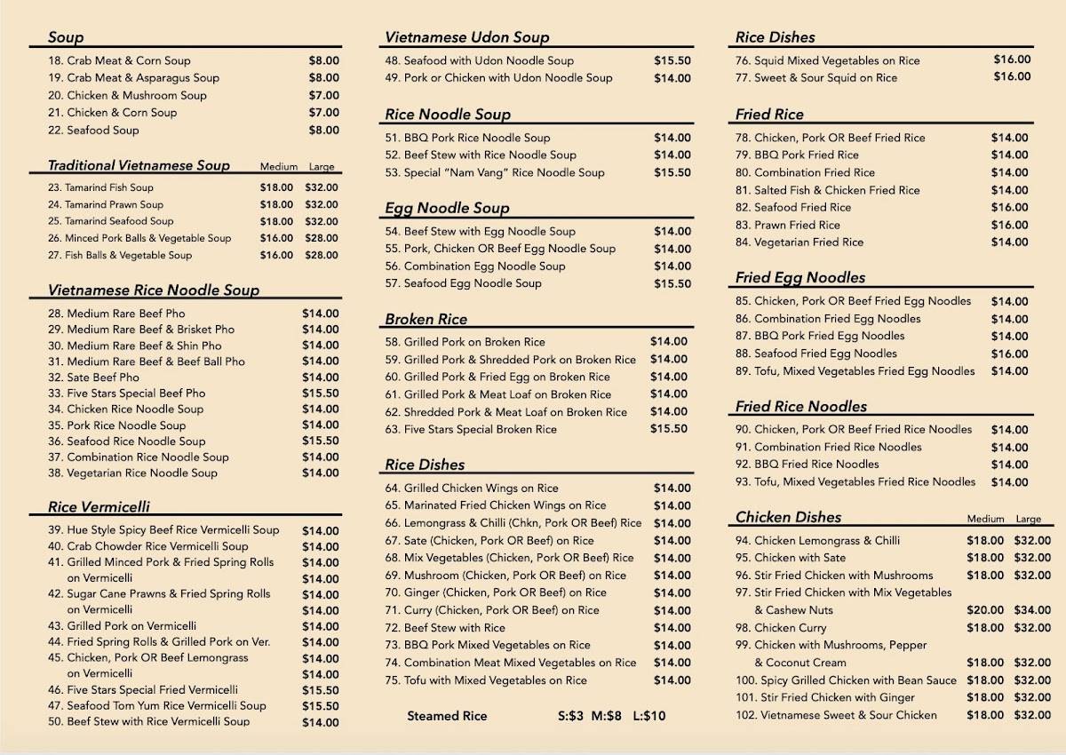 Menu at 5 Star restaurant, Christchurch, 250 Clyde Rd