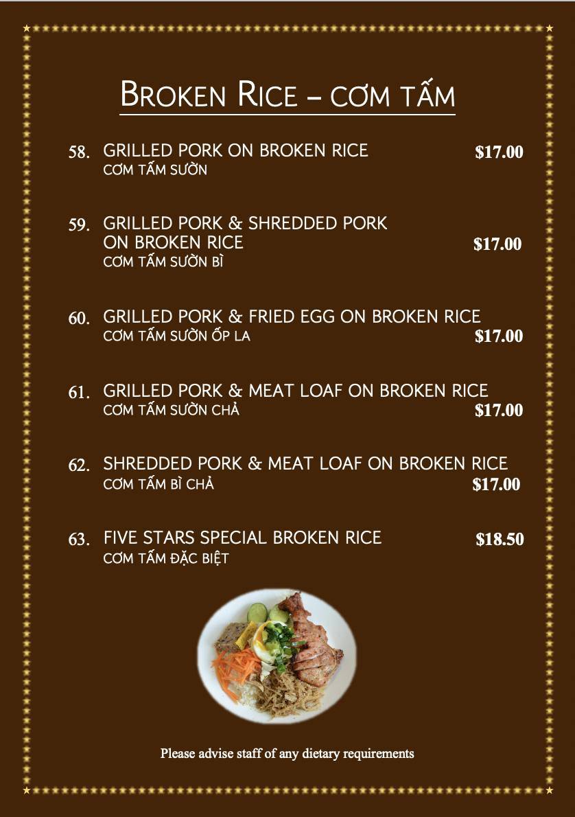 Menu at 5 Star restaurant, Christchurch, 250 Clyde Rd