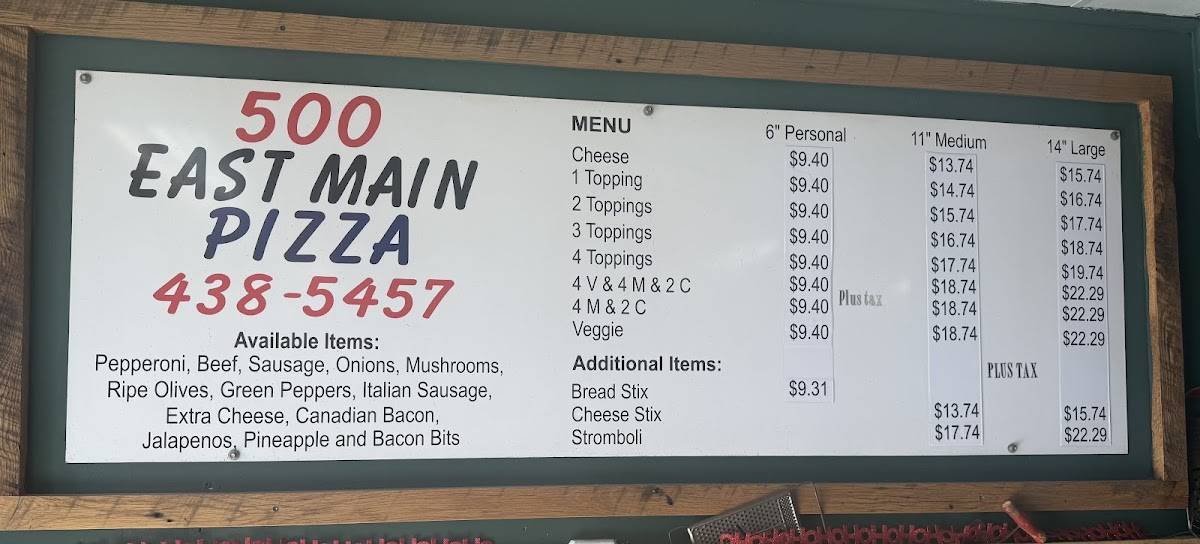 Menu at 500 East Main Pizza restaurant, Green Forest