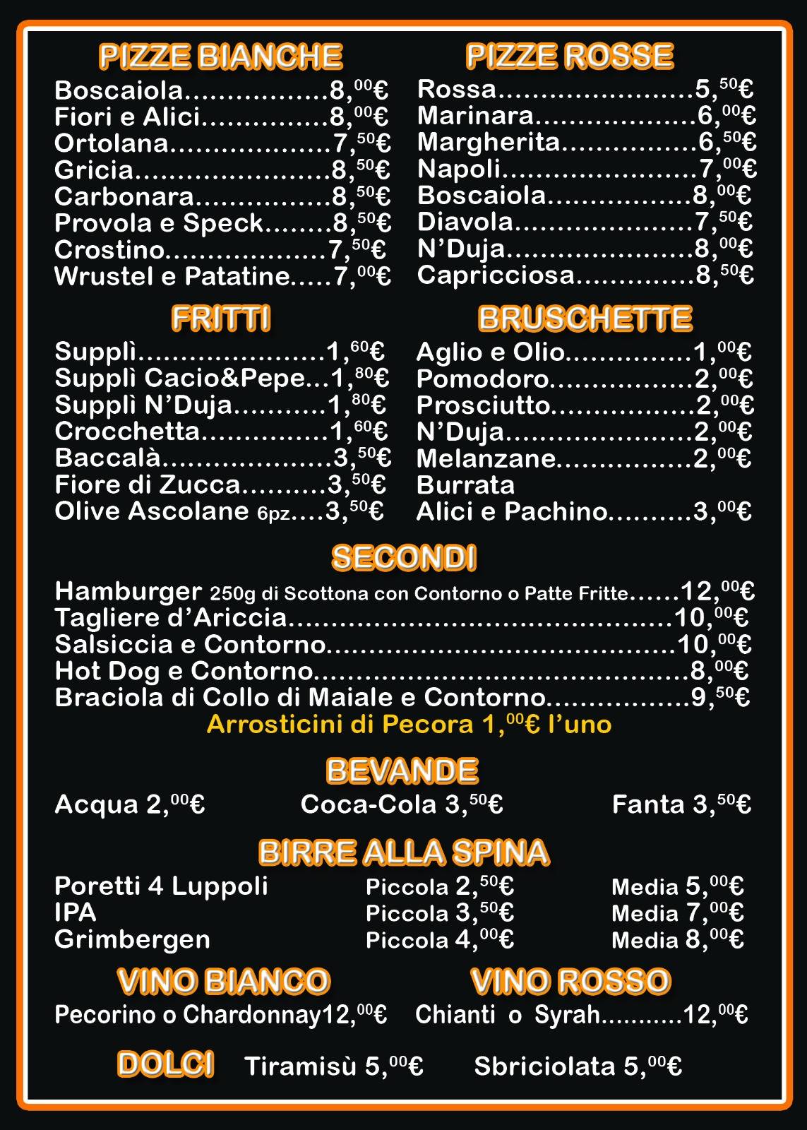 Menu da 500 pizzeria pub, Roma