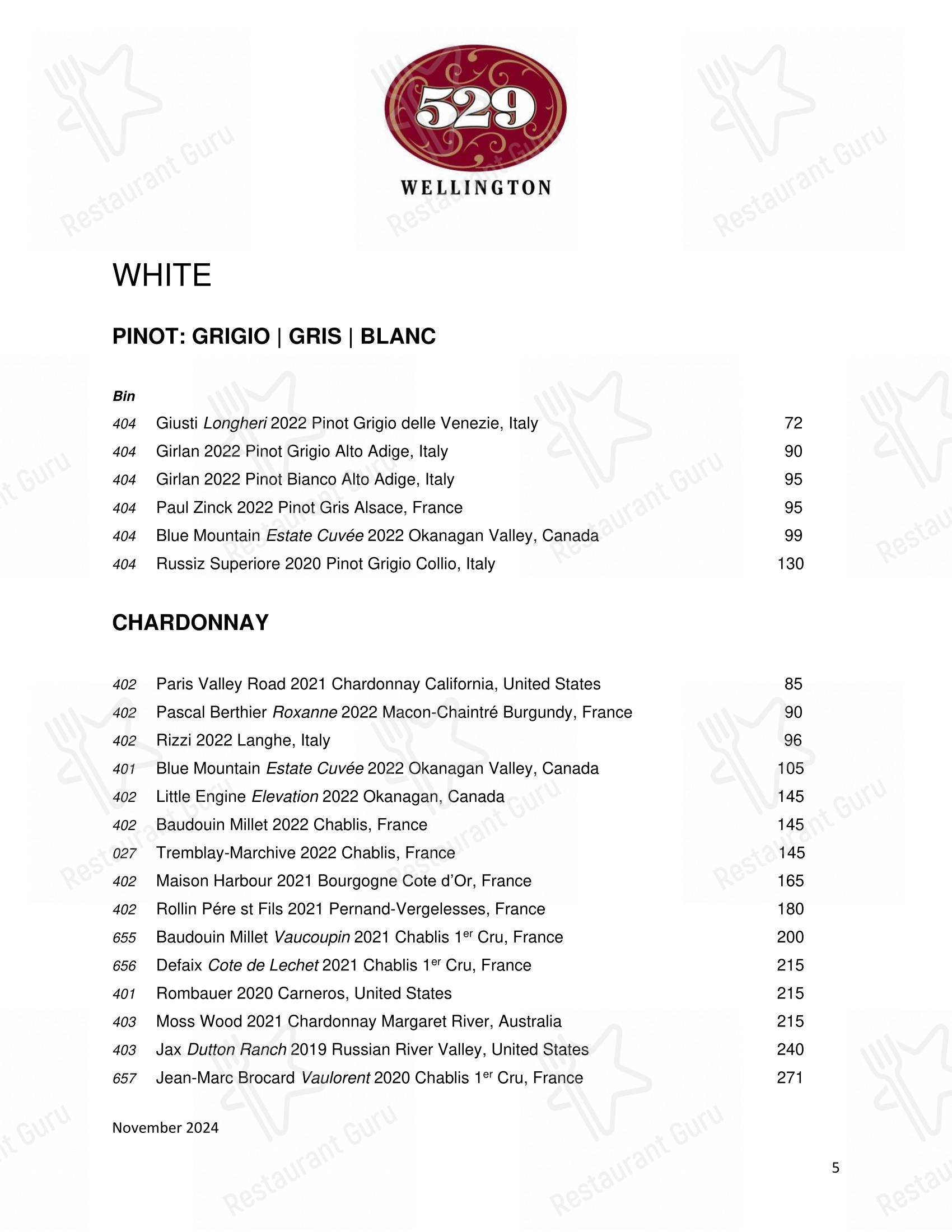 Menu at 529 Wellington Steakhouse, Winnipeg