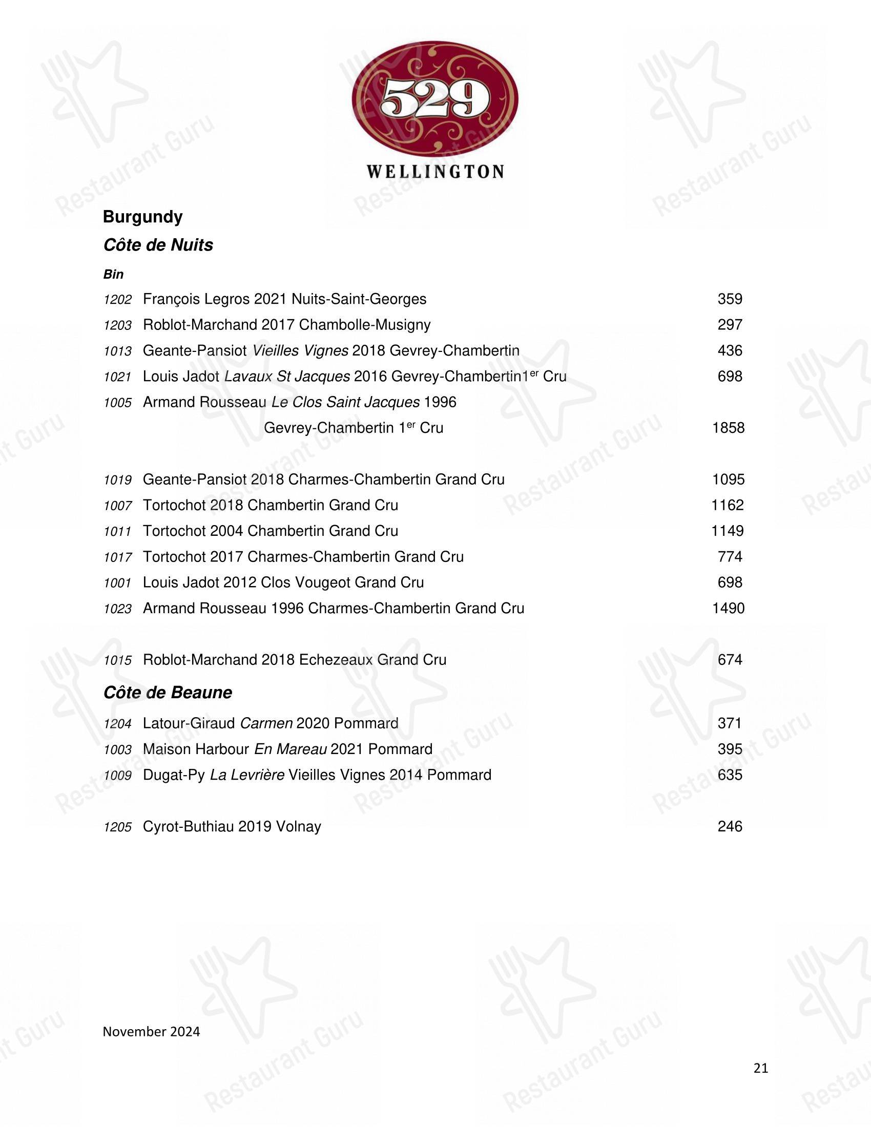Menu at 529 Wellington Steakhouse, Winnipeg