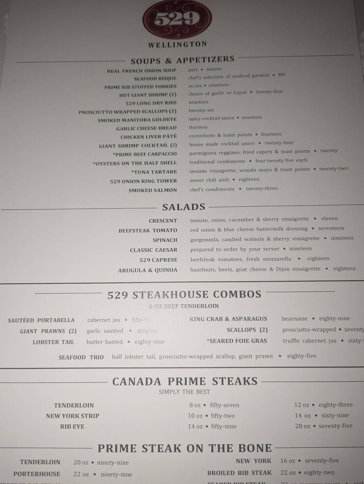 Menu at 529 Wellington Steakhouse, Winnipeg