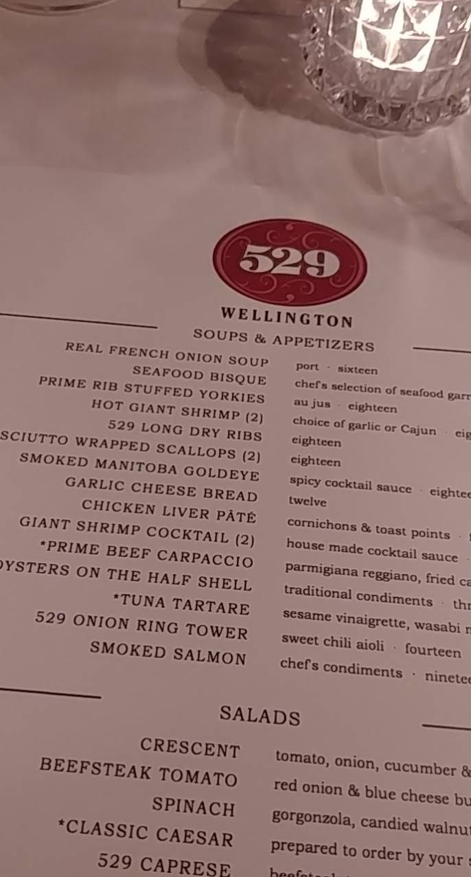 Menu au 529 Wellington Steakhouse, Winnipeg
