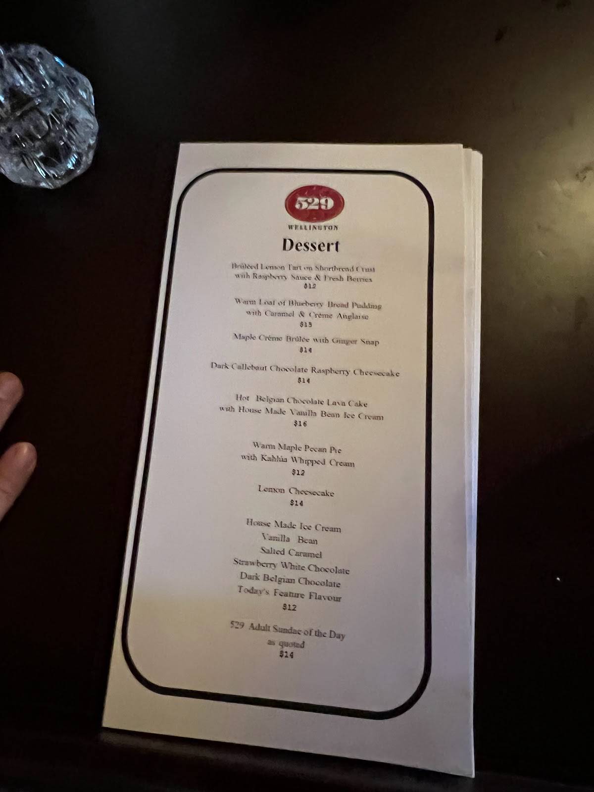 Menu au 529 Wellington Steakhouse, Winnipeg