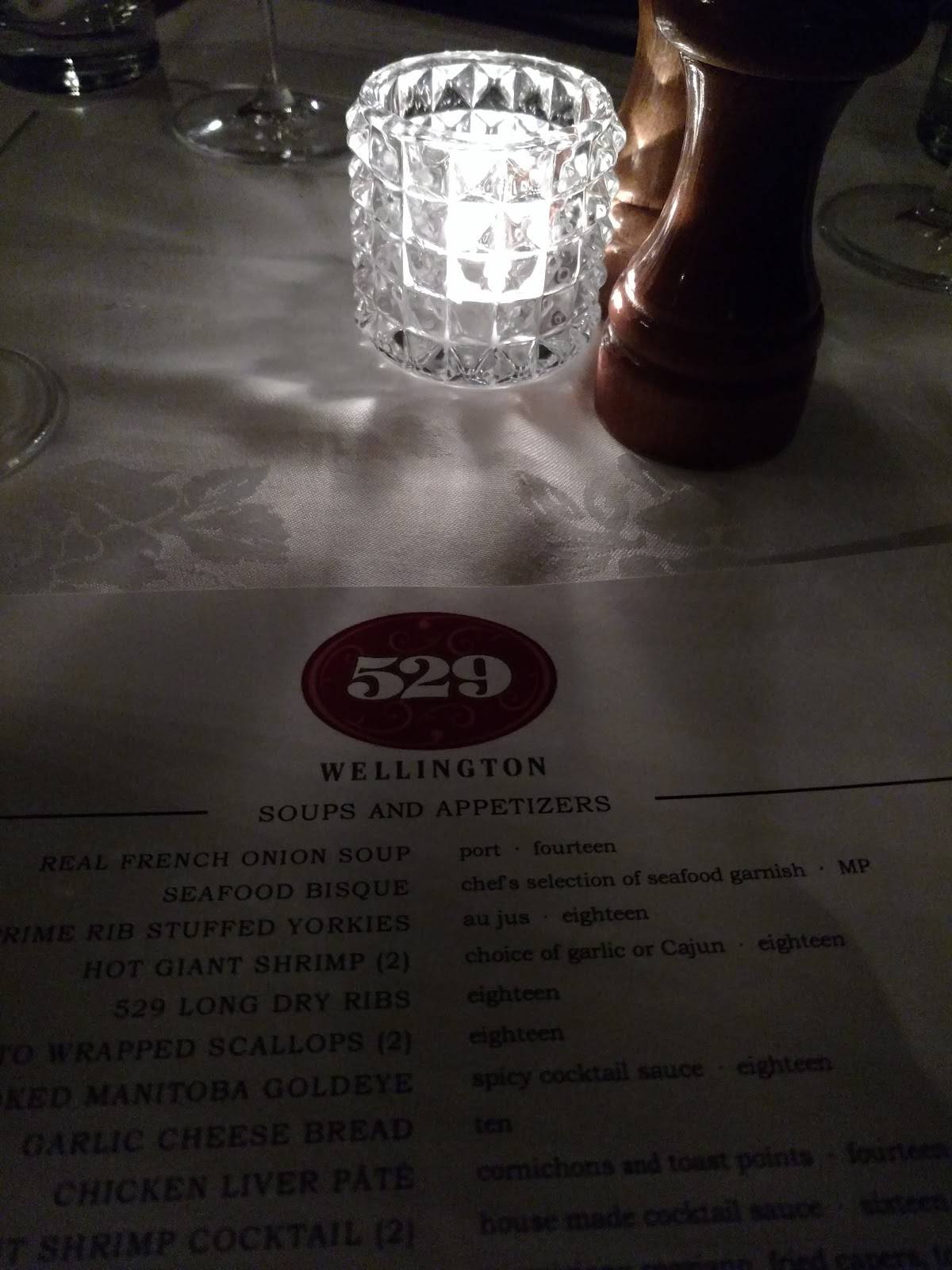 Menu au 529 Wellington Steakhouse, Winnipeg