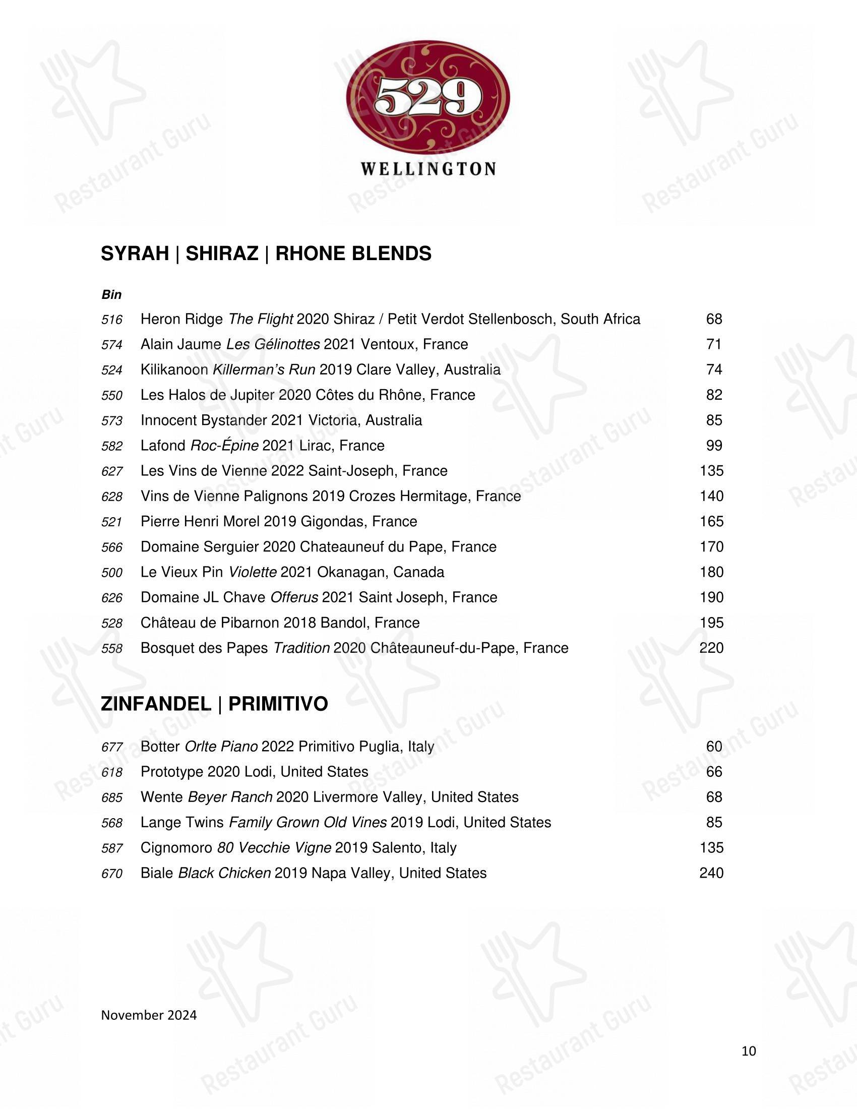 Menu at 529 Wellington Steakhouse, Winnipeg
