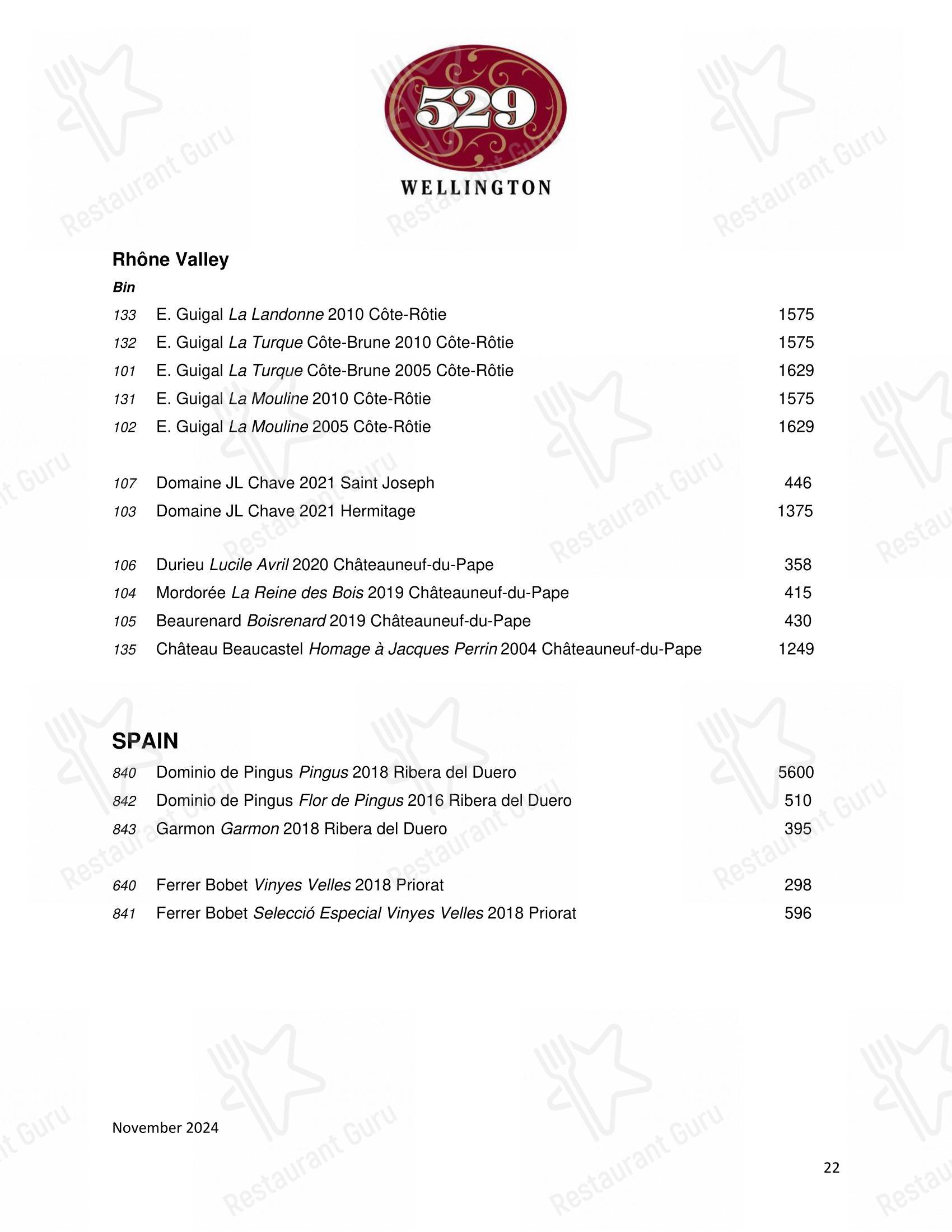 Menu at 529 Wellington Steakhouse, Winnipeg