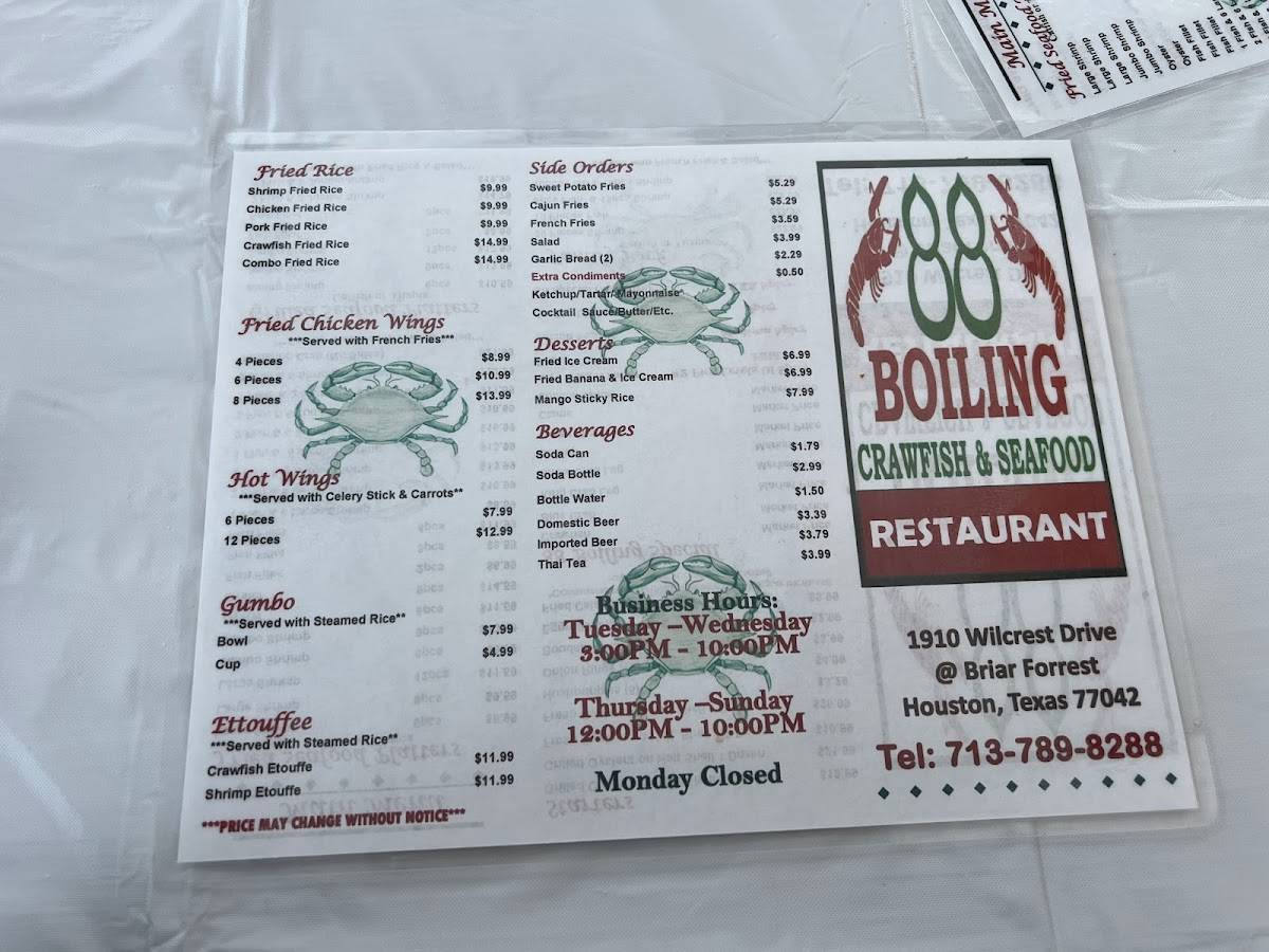 Menu at 88 Boiling restaurant, Houston