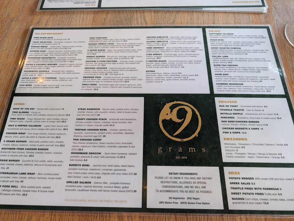 Menu at 9grams cafe, Newtown, 1/343 Pakington St