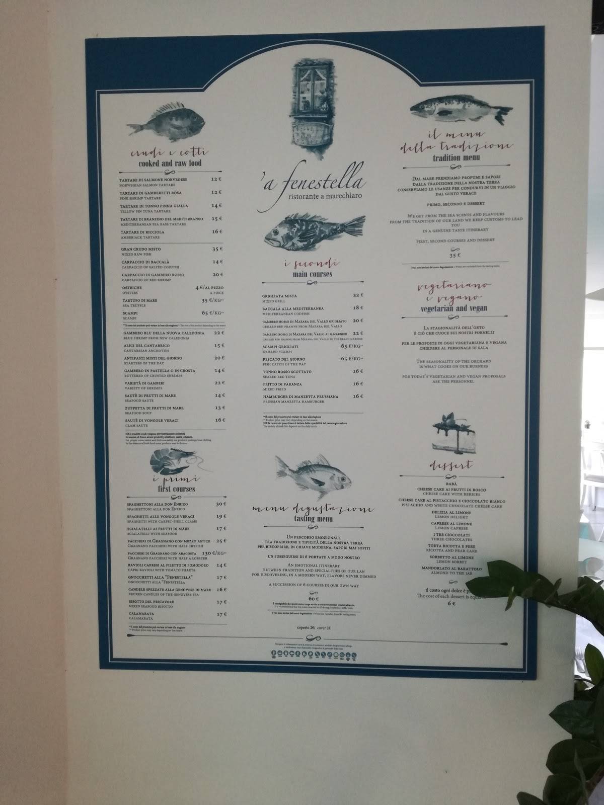 Speisekarte von 'A Fenestella restaurant, Neapel, Calata Ponticello a Marechiaro