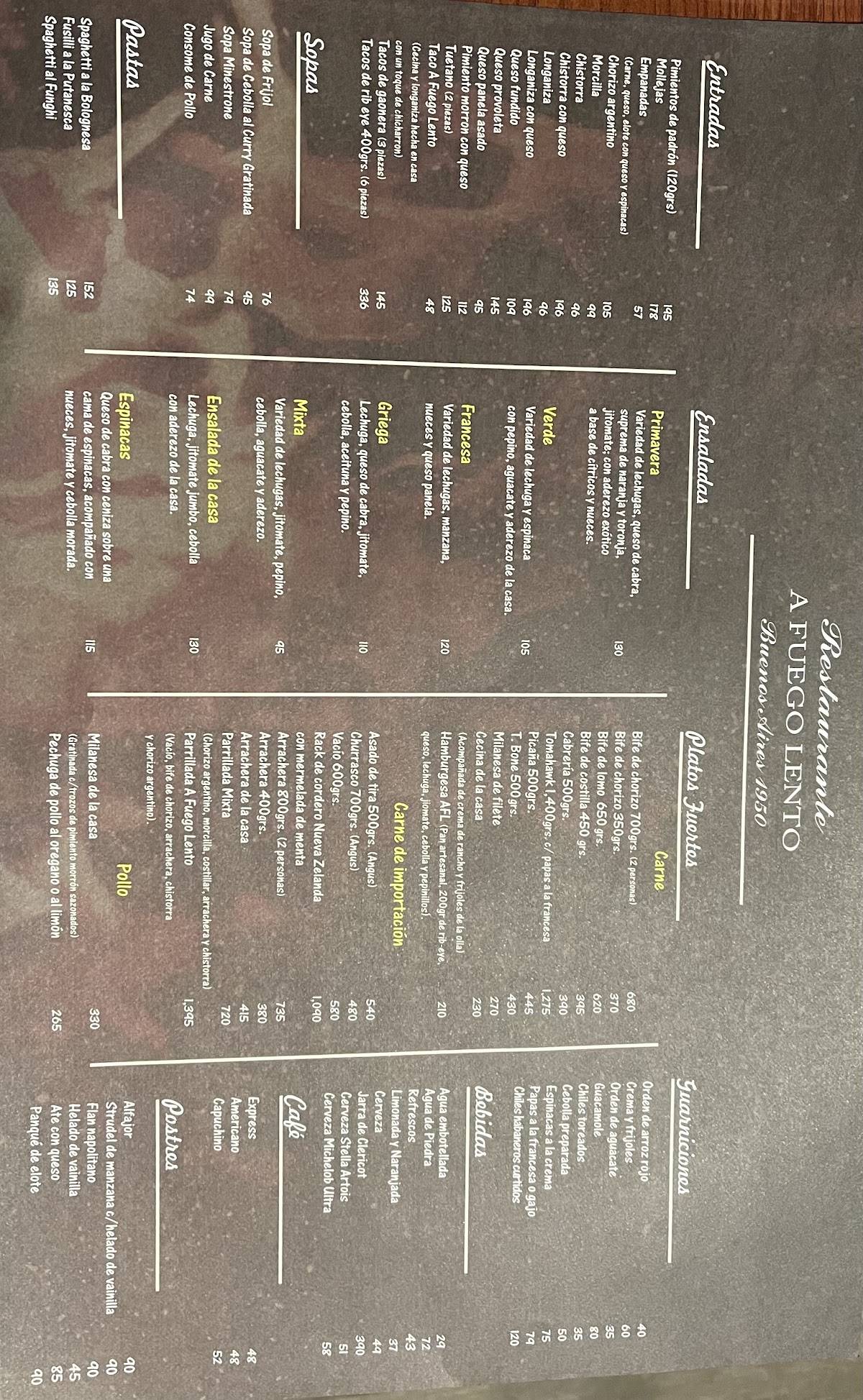 Carta del restaurante A Fuego Lento 1950, Ciudad del México, Febo 48