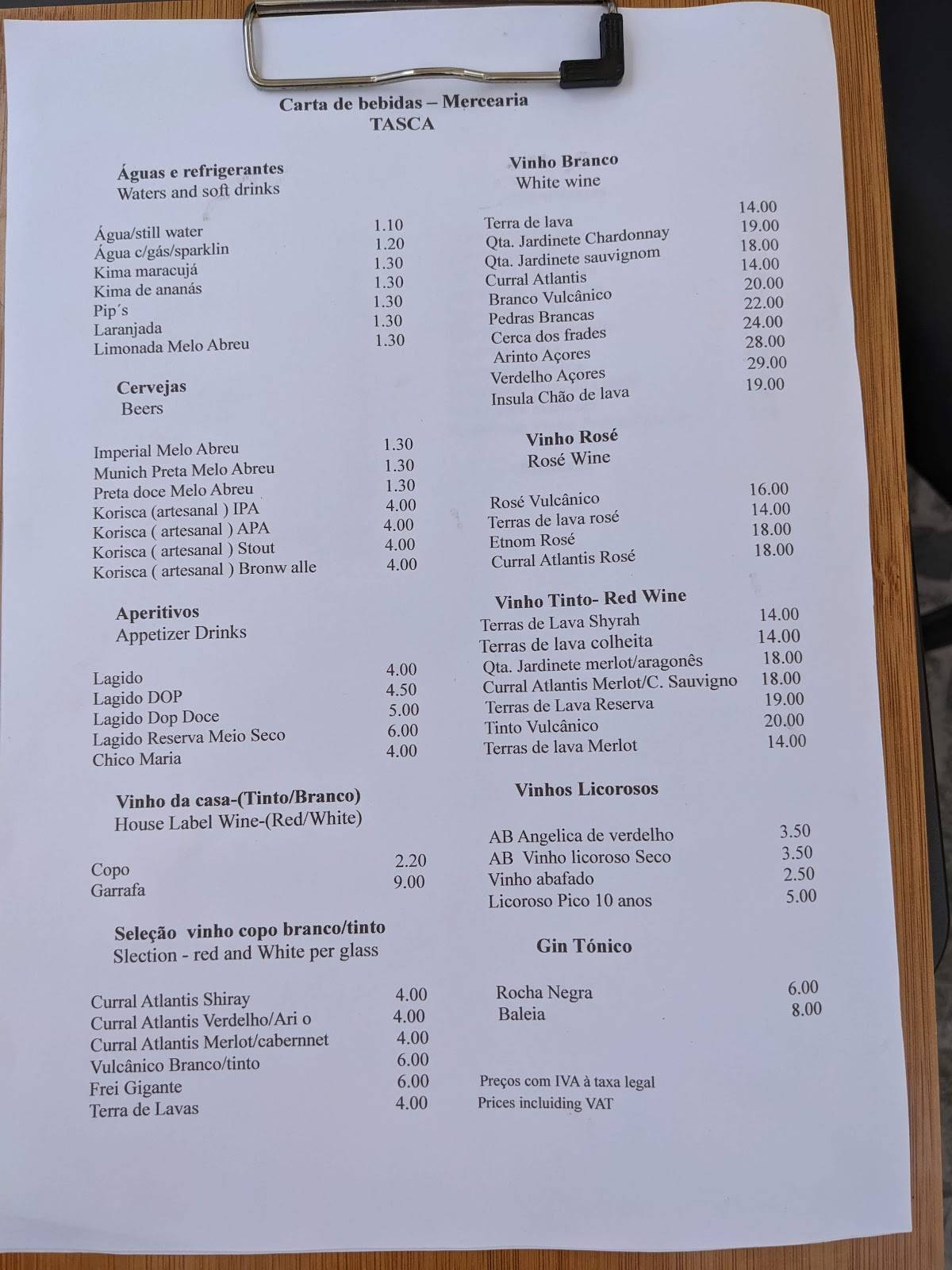 Menu at A Tasca restaurant, Ponta Delgada