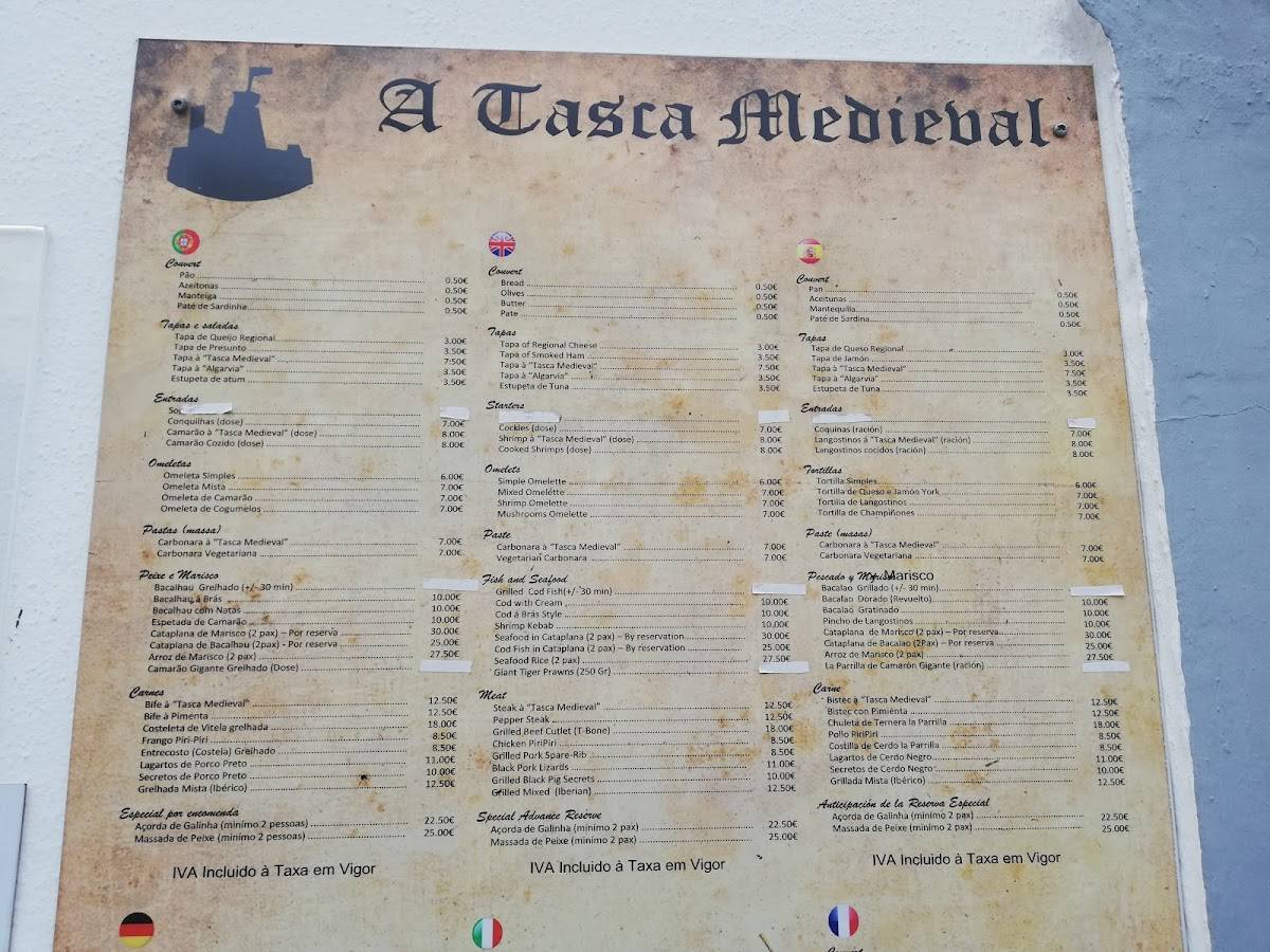 Carta del restaurante A Tasca Medieval, Castro Marim, R. 25 del Abril 65 Carta del restaurante A Tasca Medieval, Castro Marim, R. 25 del Abril 65