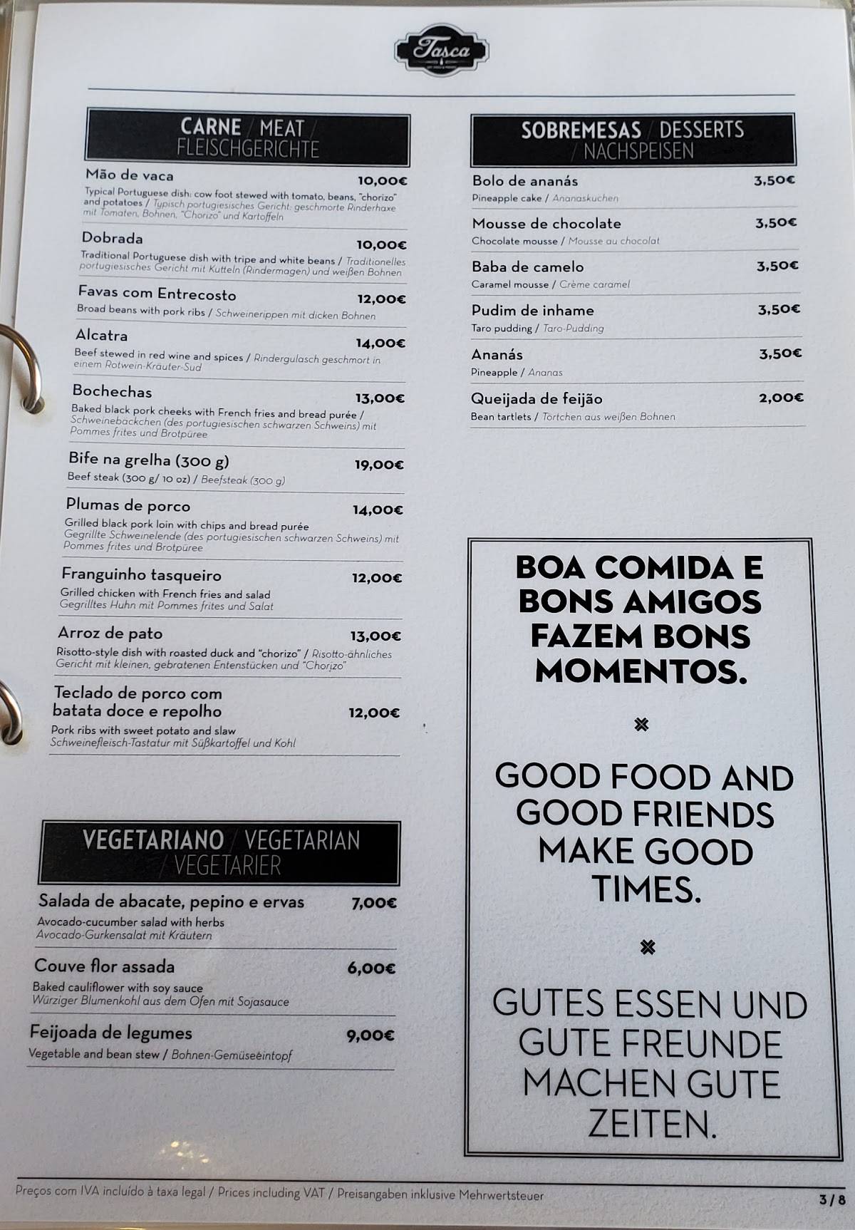 Menu at A Tasca restaurant, Ponta Delgada