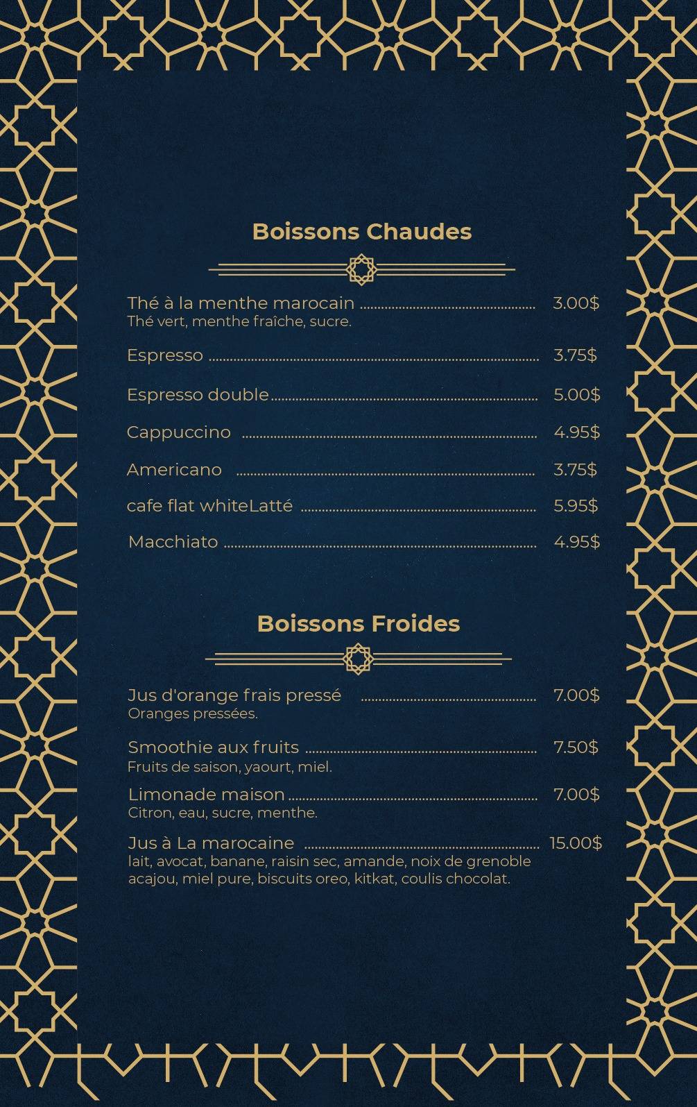 Menu at À la marocaine restaurant, Québec City