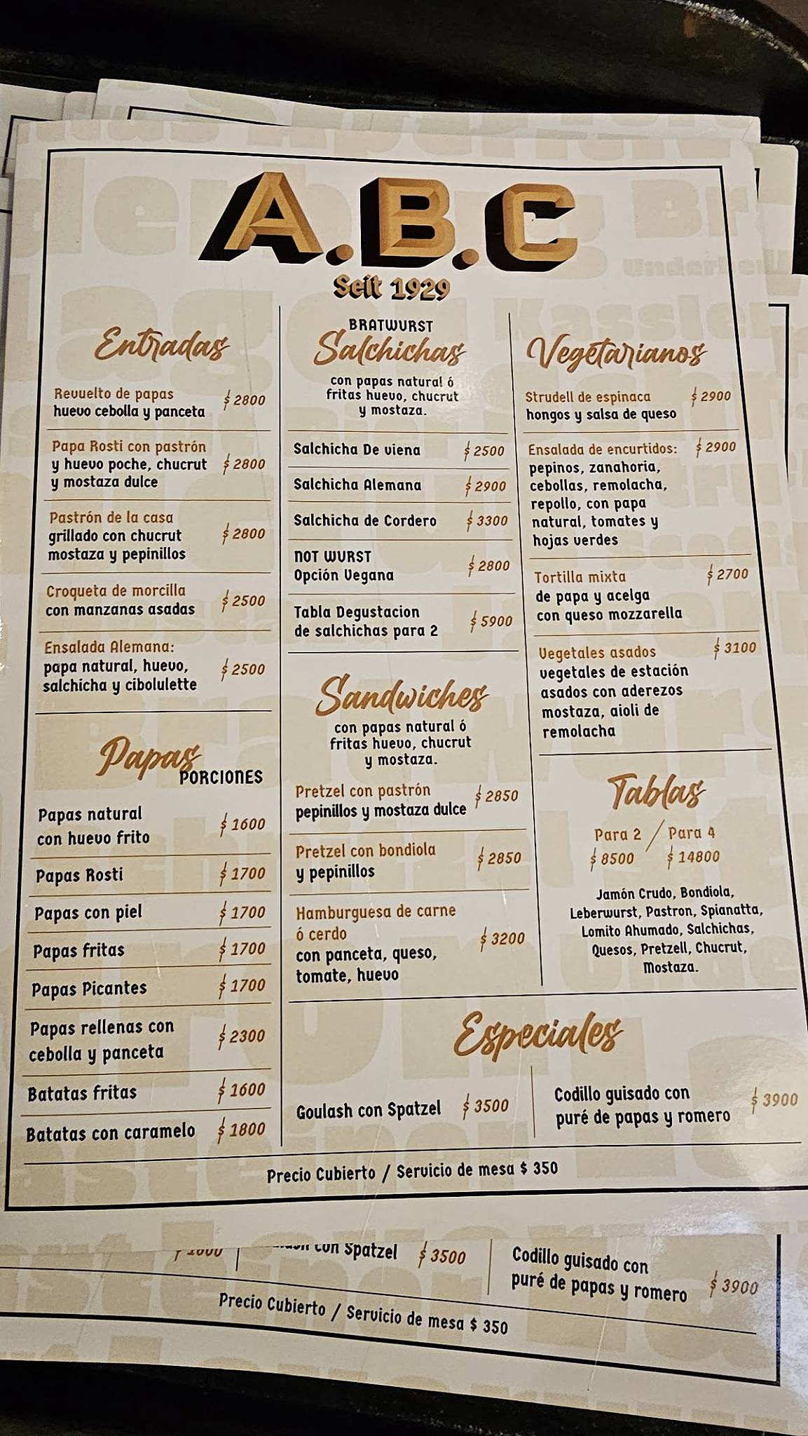 Menu at ABC RESTAURANT, Buenos Aires