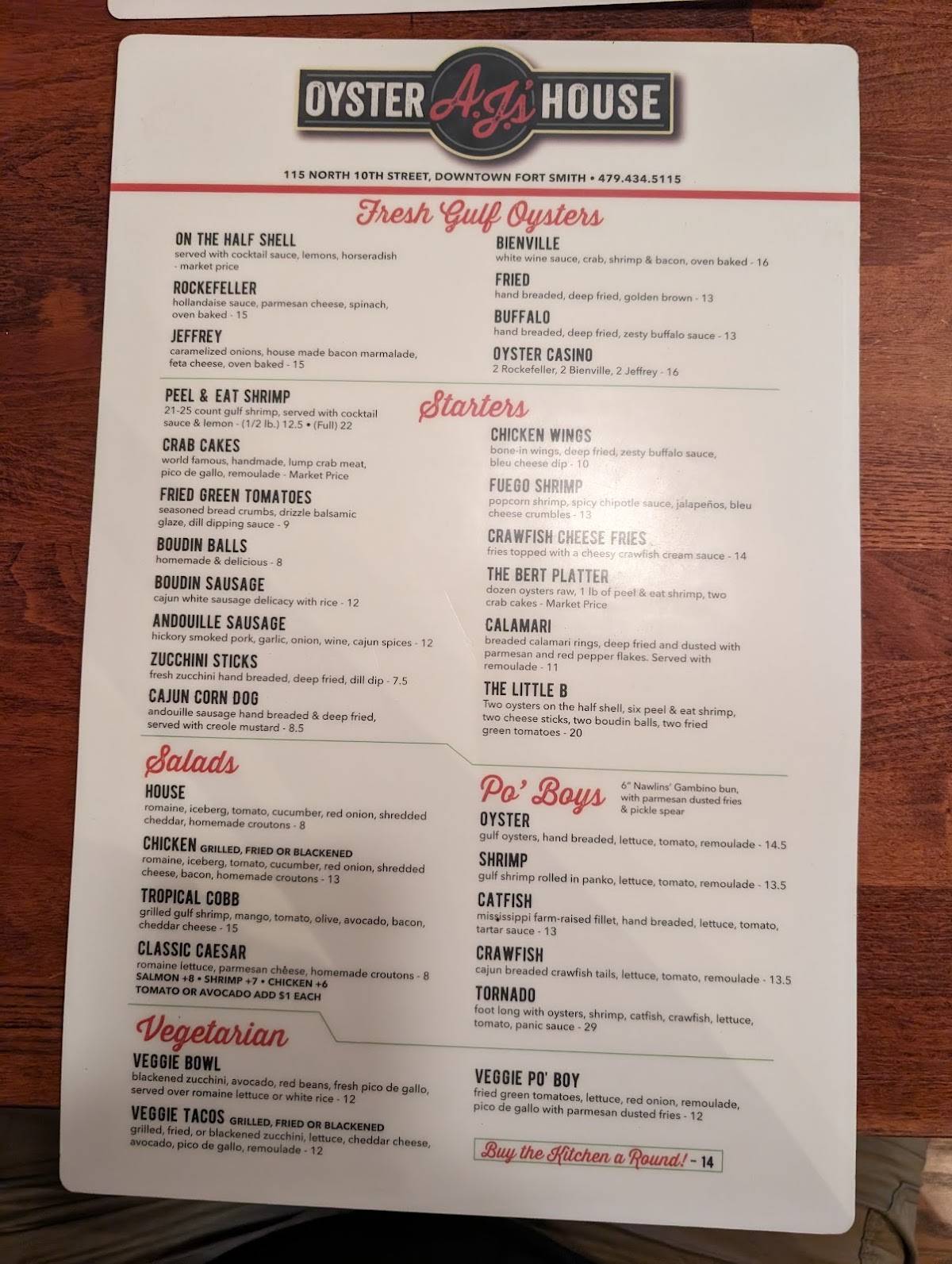 Menu at AJ's Oyster House pub & bar, Fort Smith