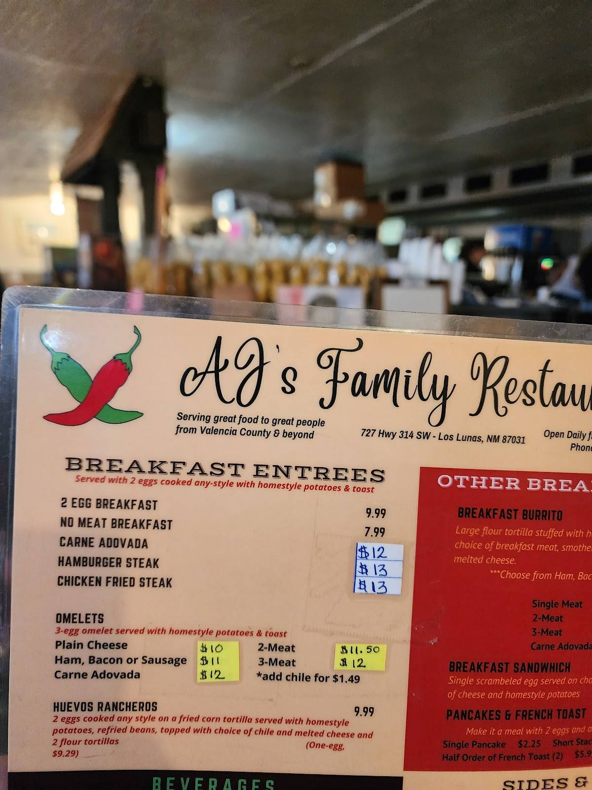 Menu at AJ's Restaurant, Los Lunas