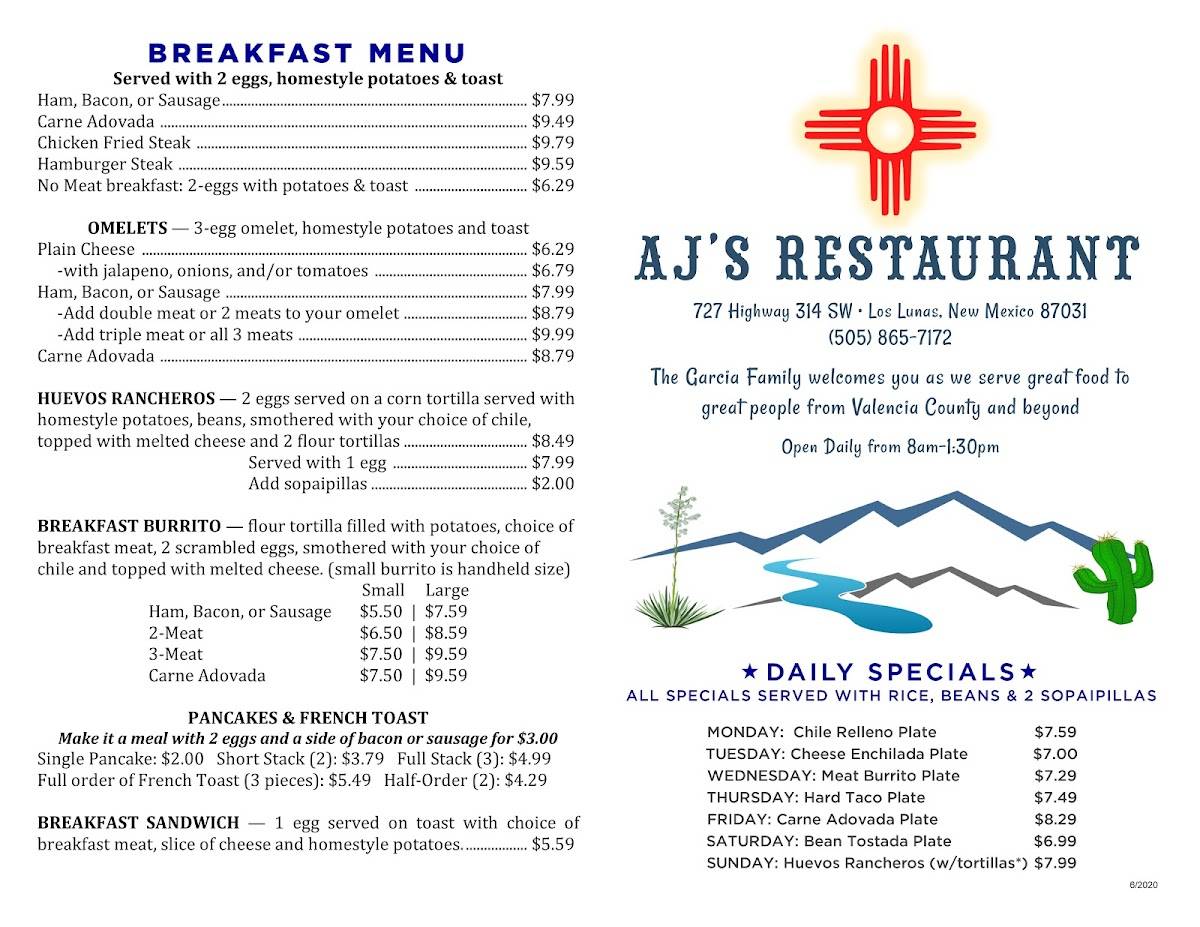 Menu at AJ's Restaurant, Los Lunas