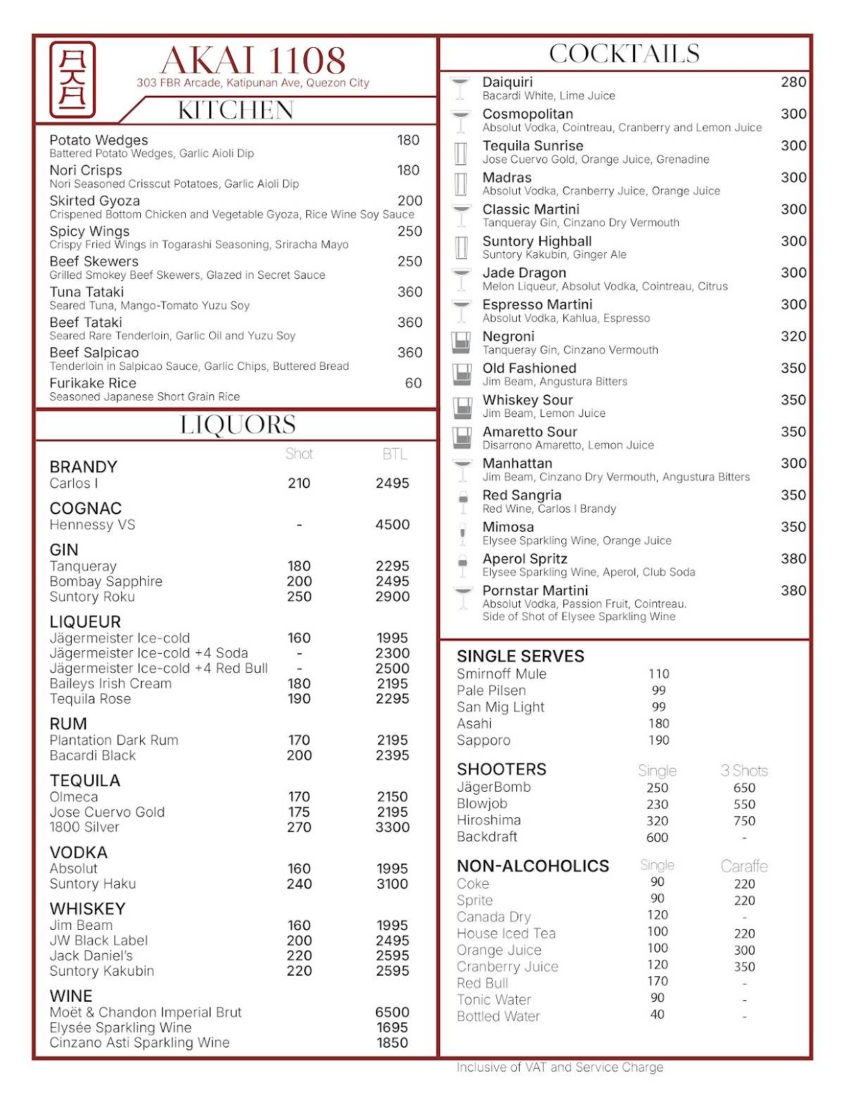 Menu at AKAI 1108 pub & bar, Quezon City