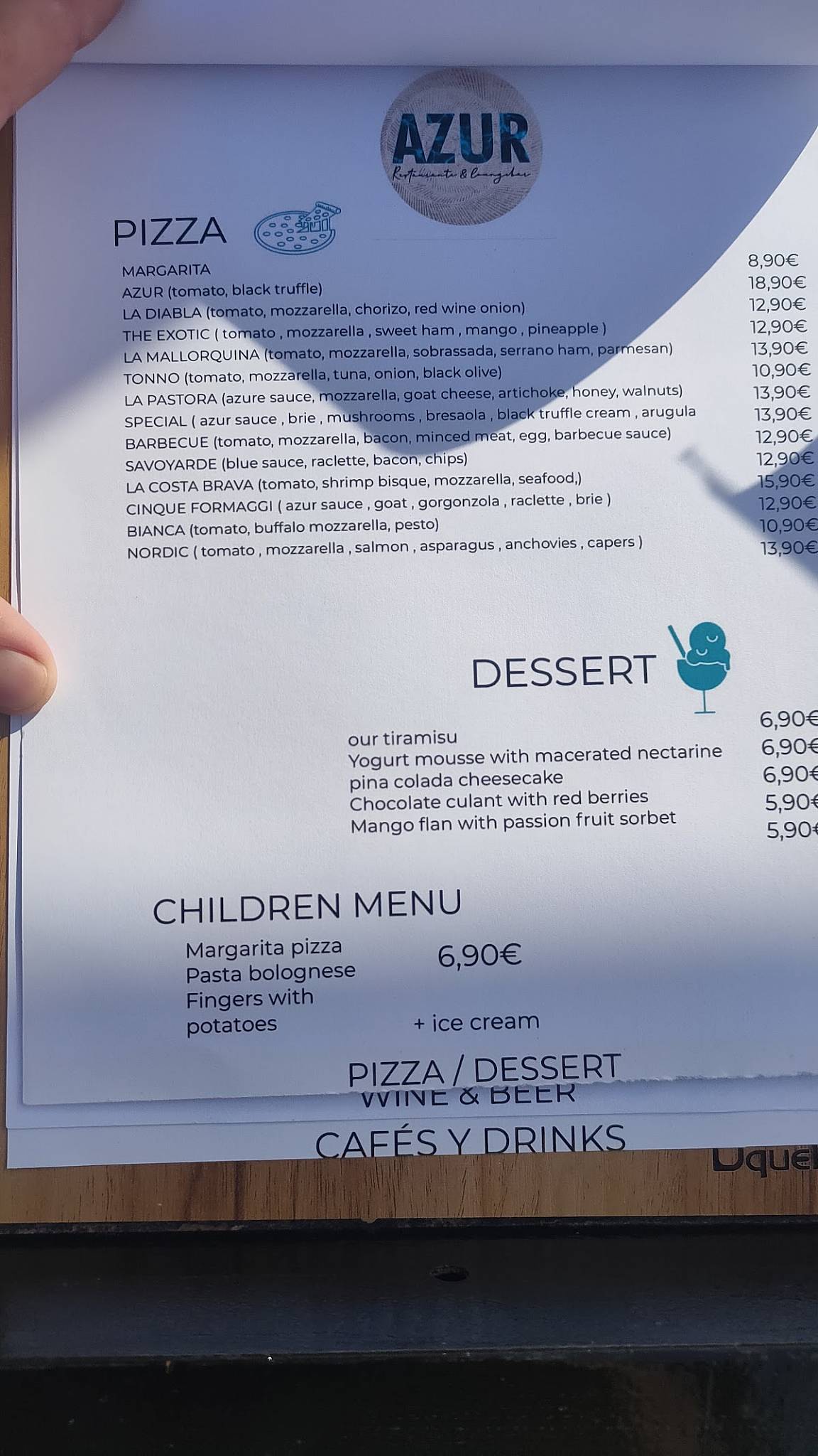 Carta de AZUR Restaurante & LoungeBar, Ampuriabrava