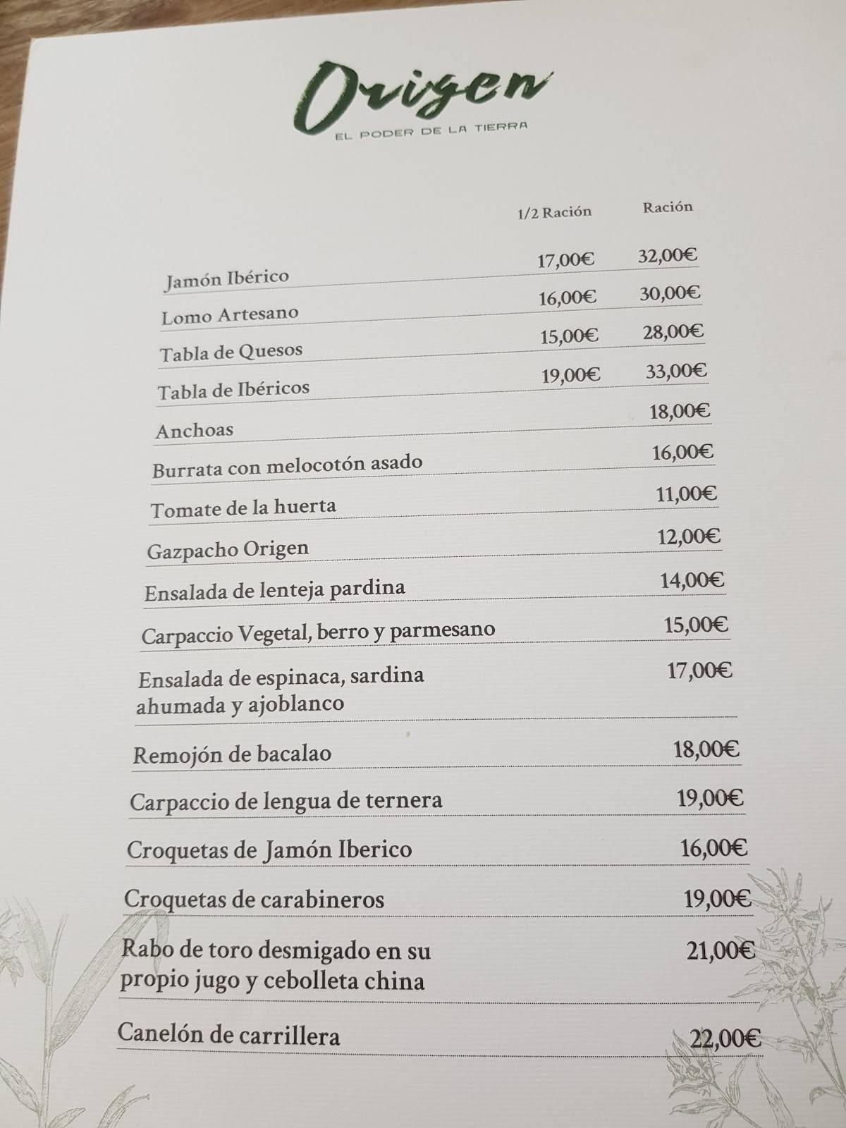 Menu at Aarde restaurant, Madrid