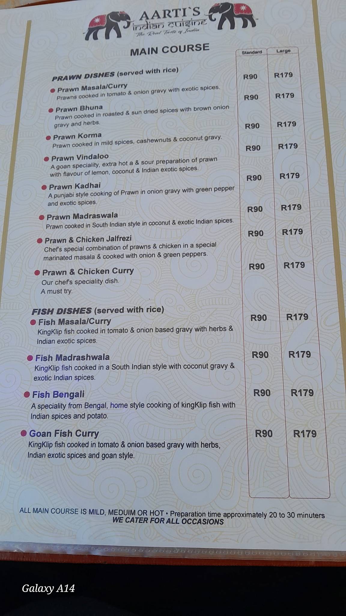 Menu at Aarti's Indian Cuisine restaurant, Kimberley