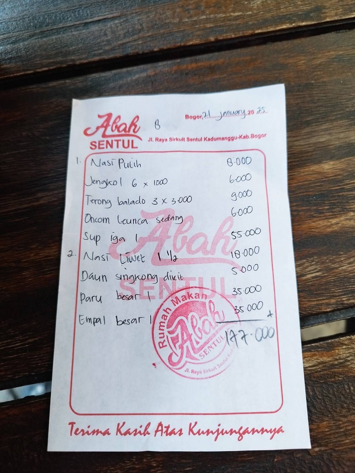 Menu at Abah Sentul Restaurant, Kadumangu