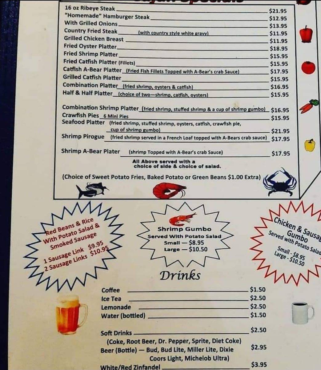 Menu at Abear's Cafe, Houma