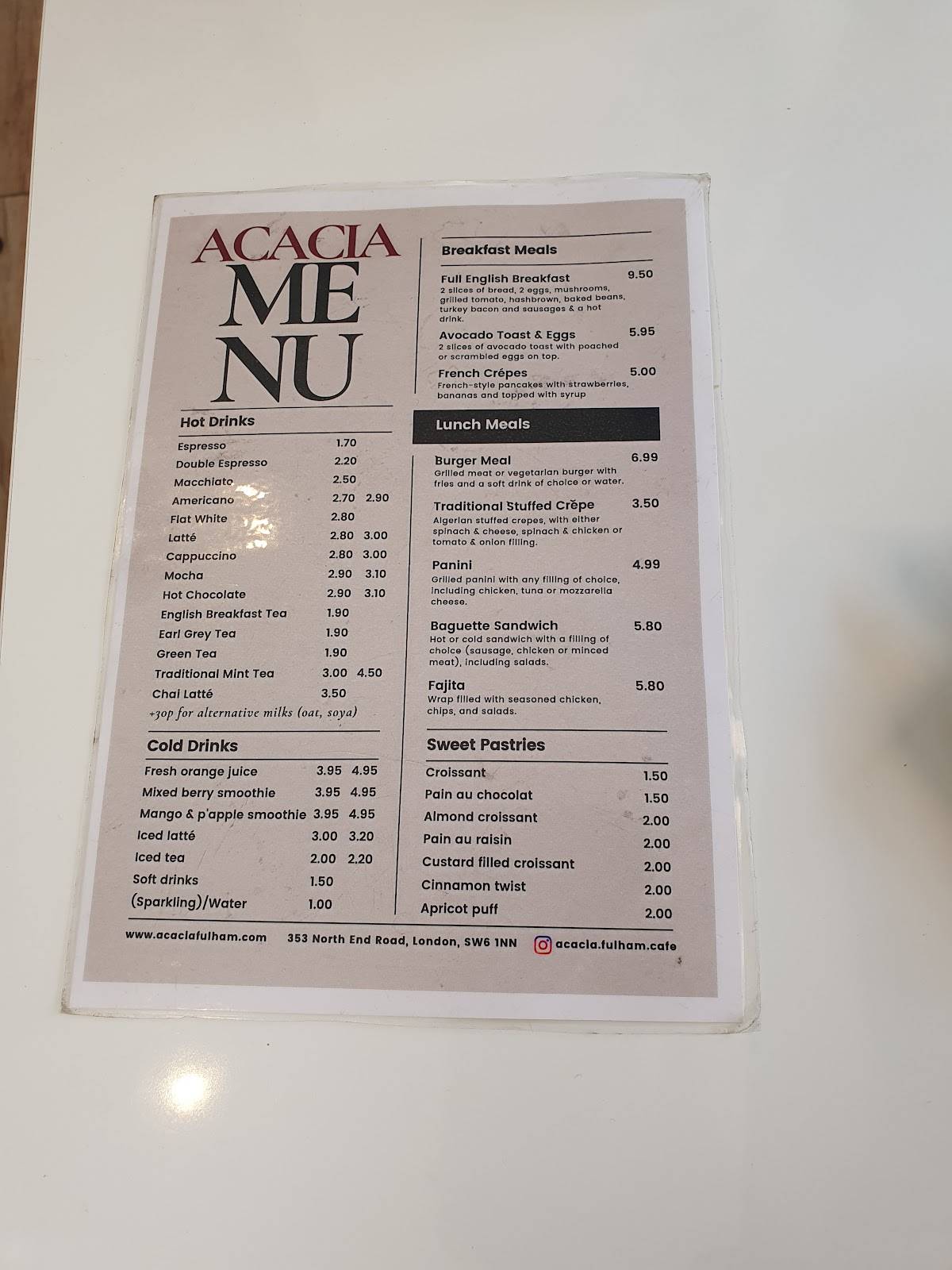 Menu at Acacia cafe, London