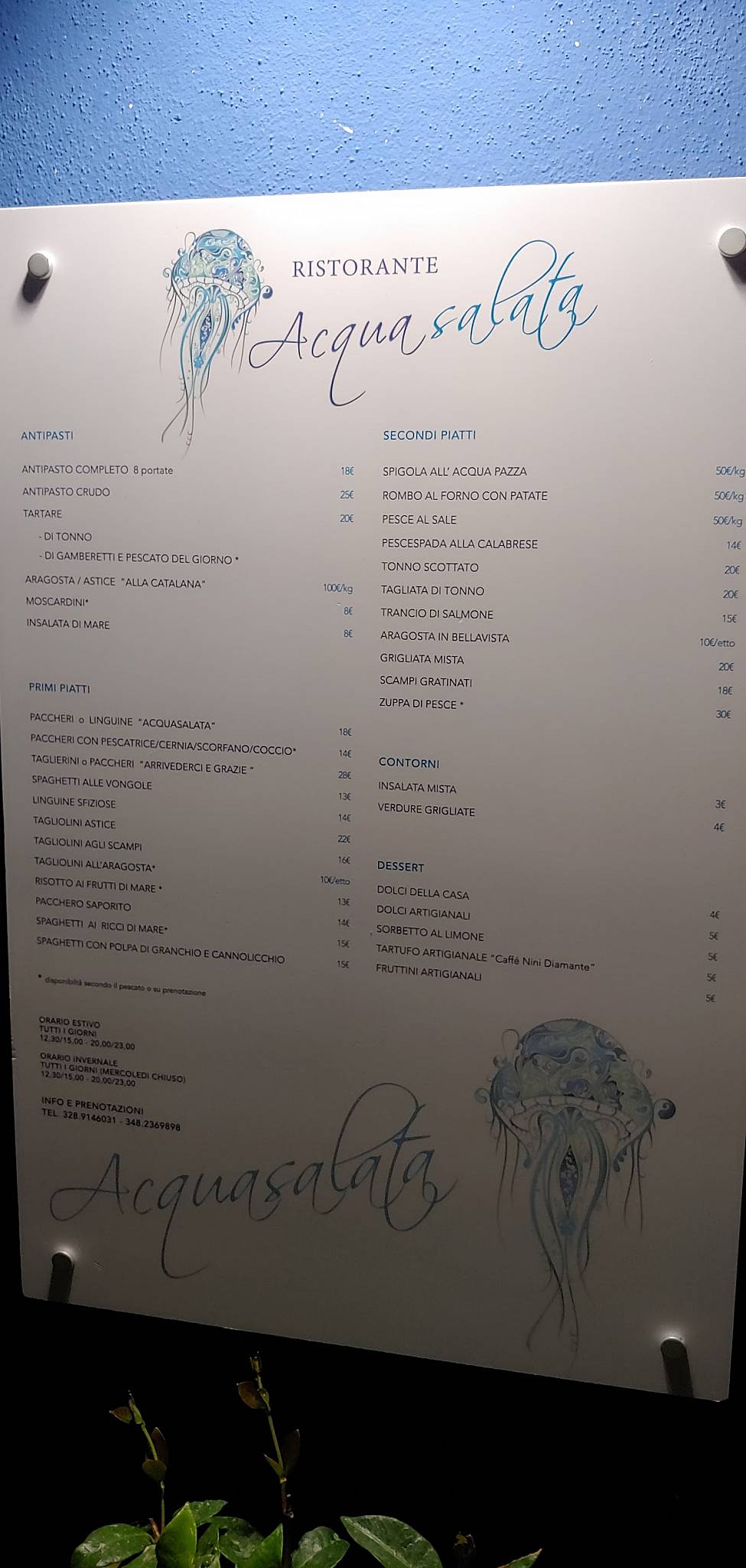 Menu da Acqua Salata ristorante, Cirella