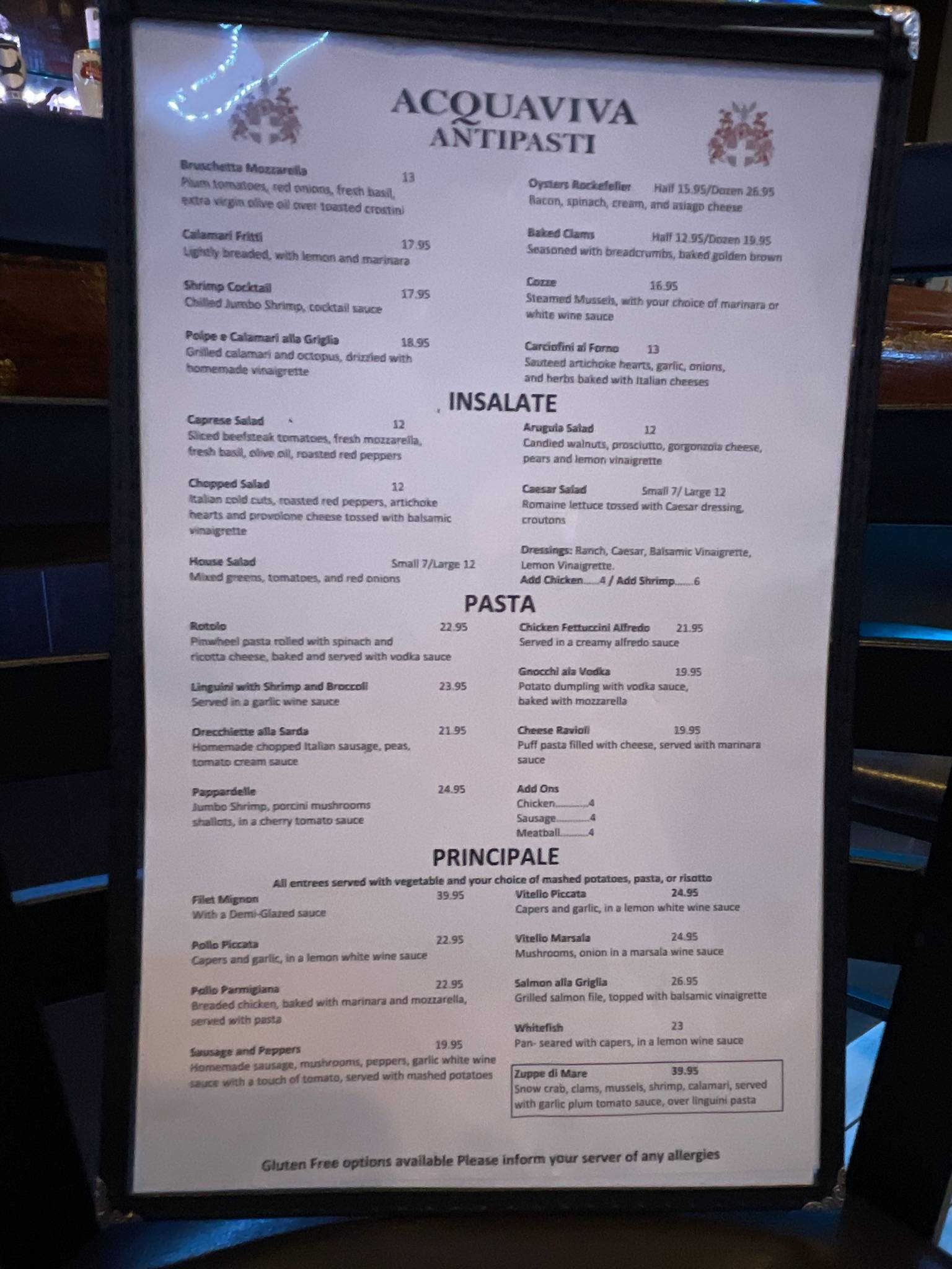 Menu at Acquaviva Winery & Ristorante Batavia restaurant, Batavia