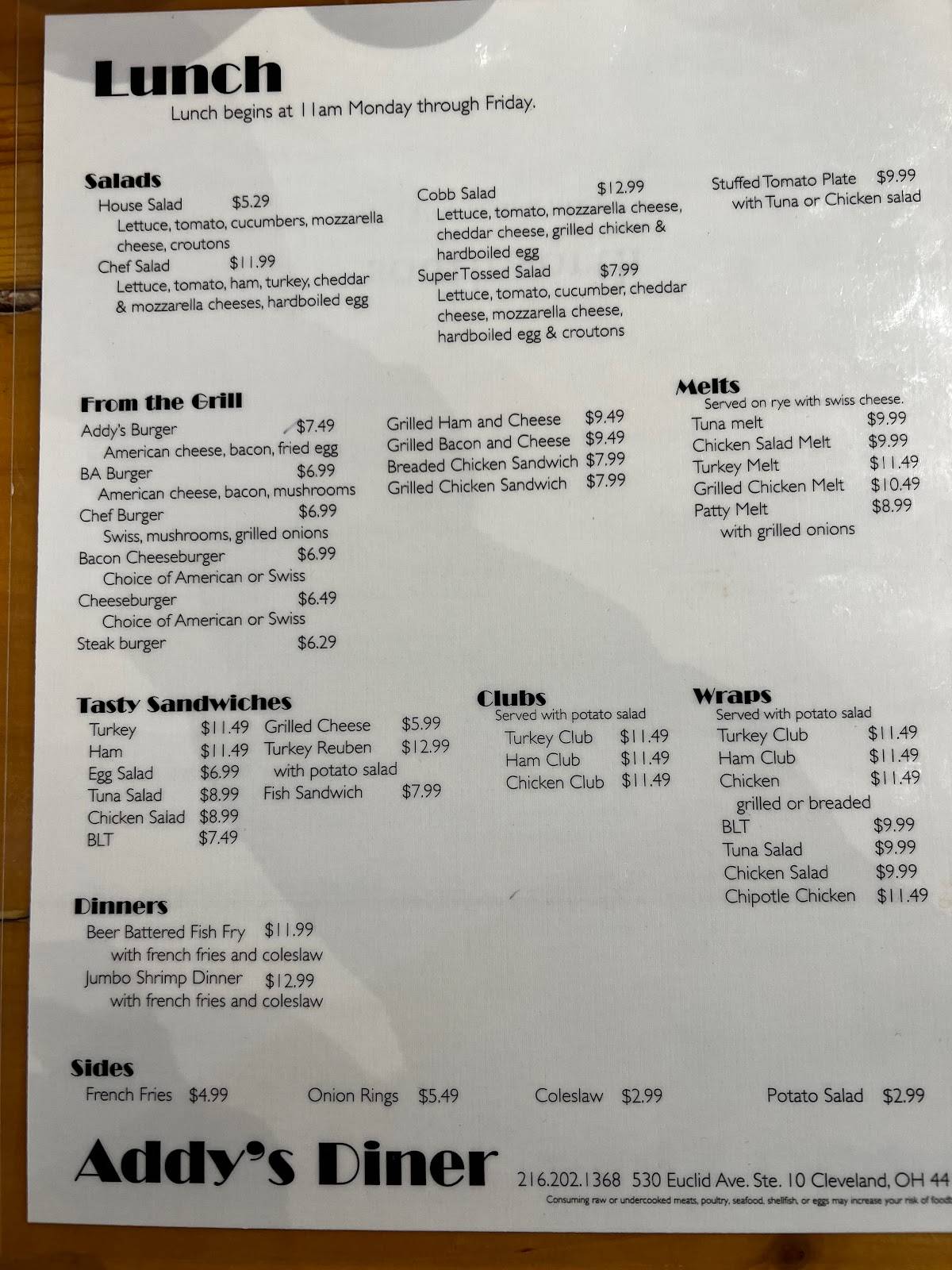 Menu at Addy's Diner restaurant, Cleveland