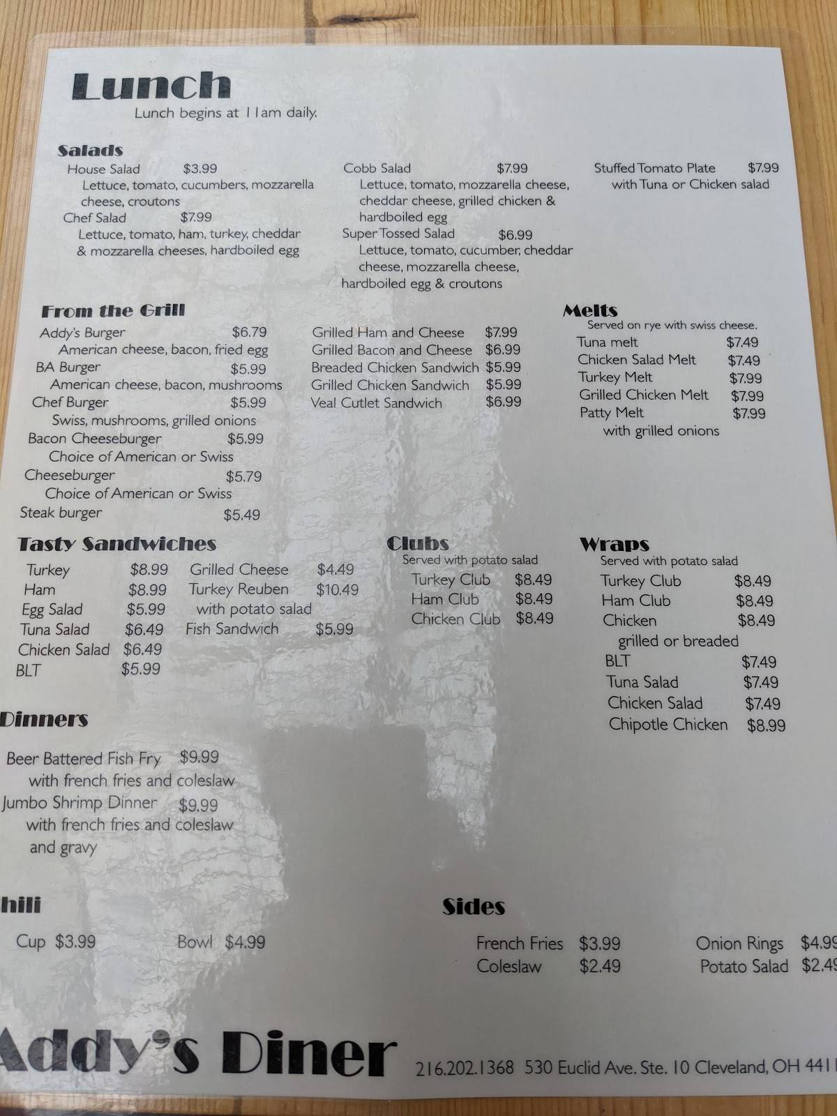 Menu at Addy's Diner restaurant, Cleveland