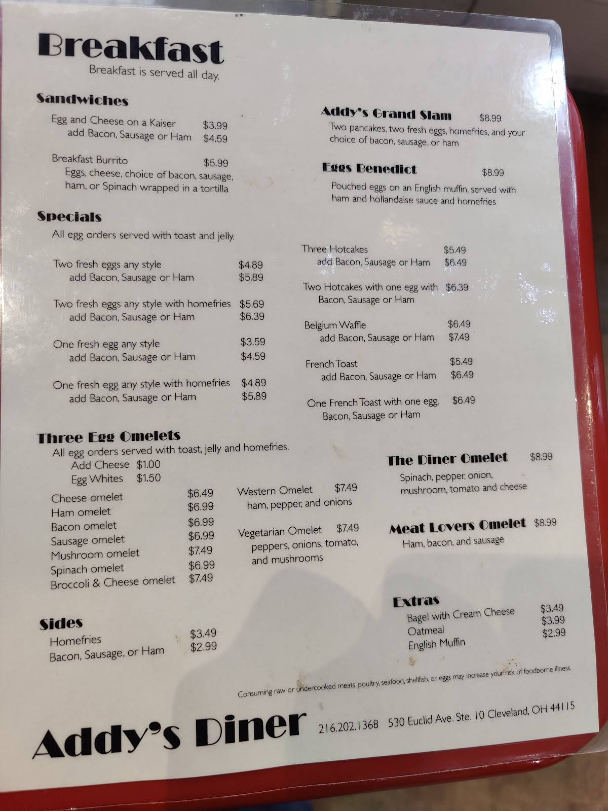 Menu at Addy's Diner restaurant, Cleveland