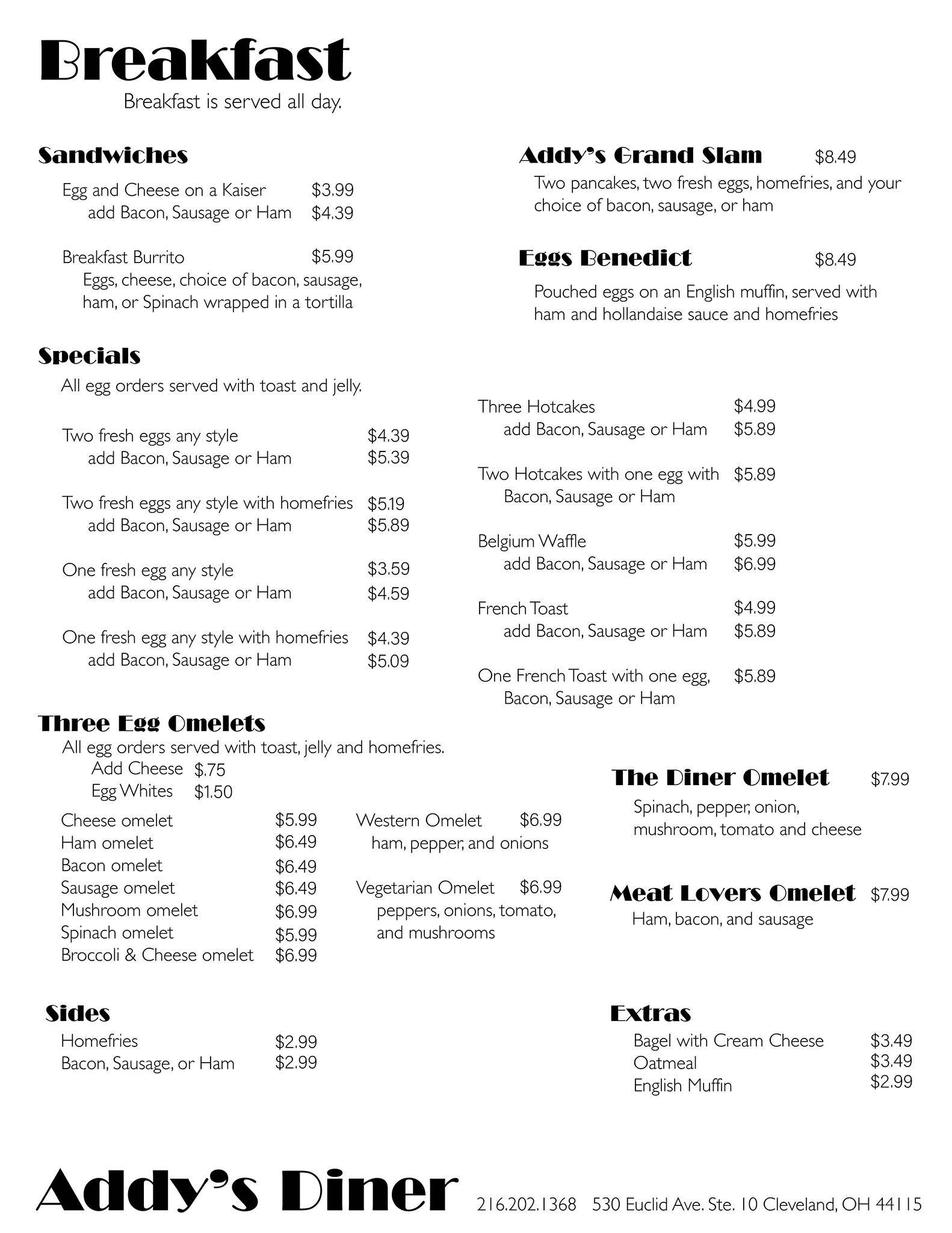 Menu at Addy's Diner restaurant, Cleveland