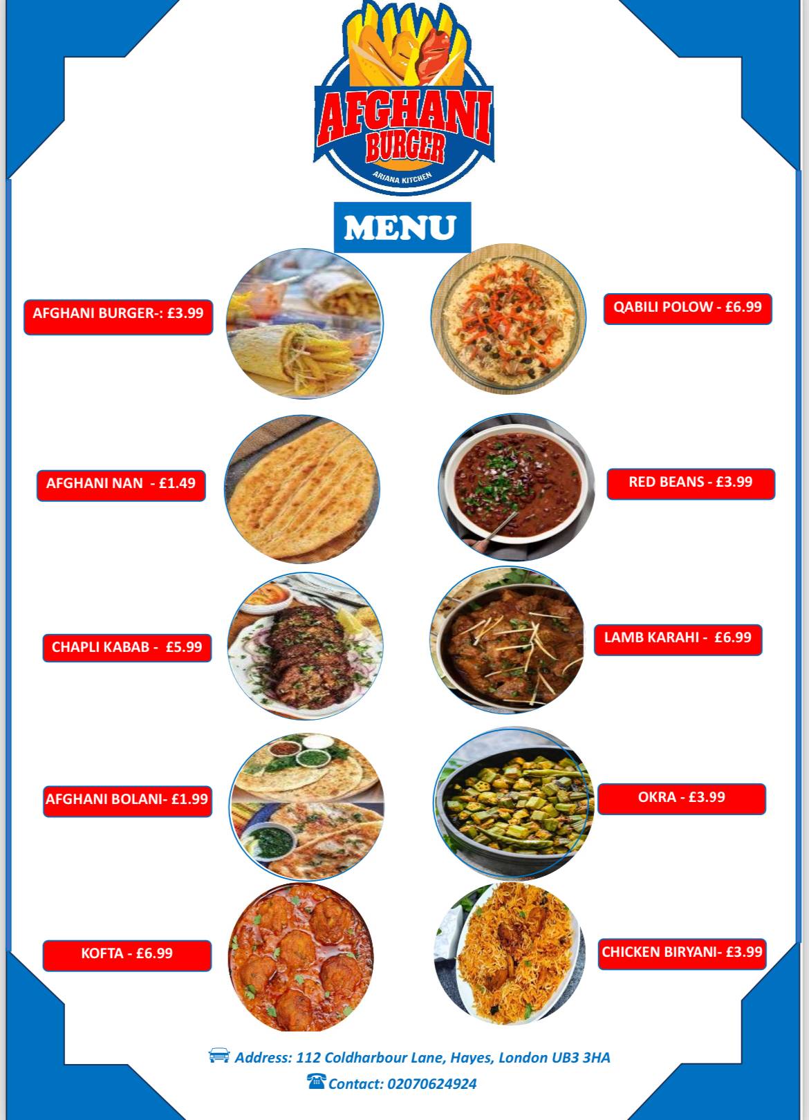 Menu at Afghani Burger-Hayes restaurant, Hayes