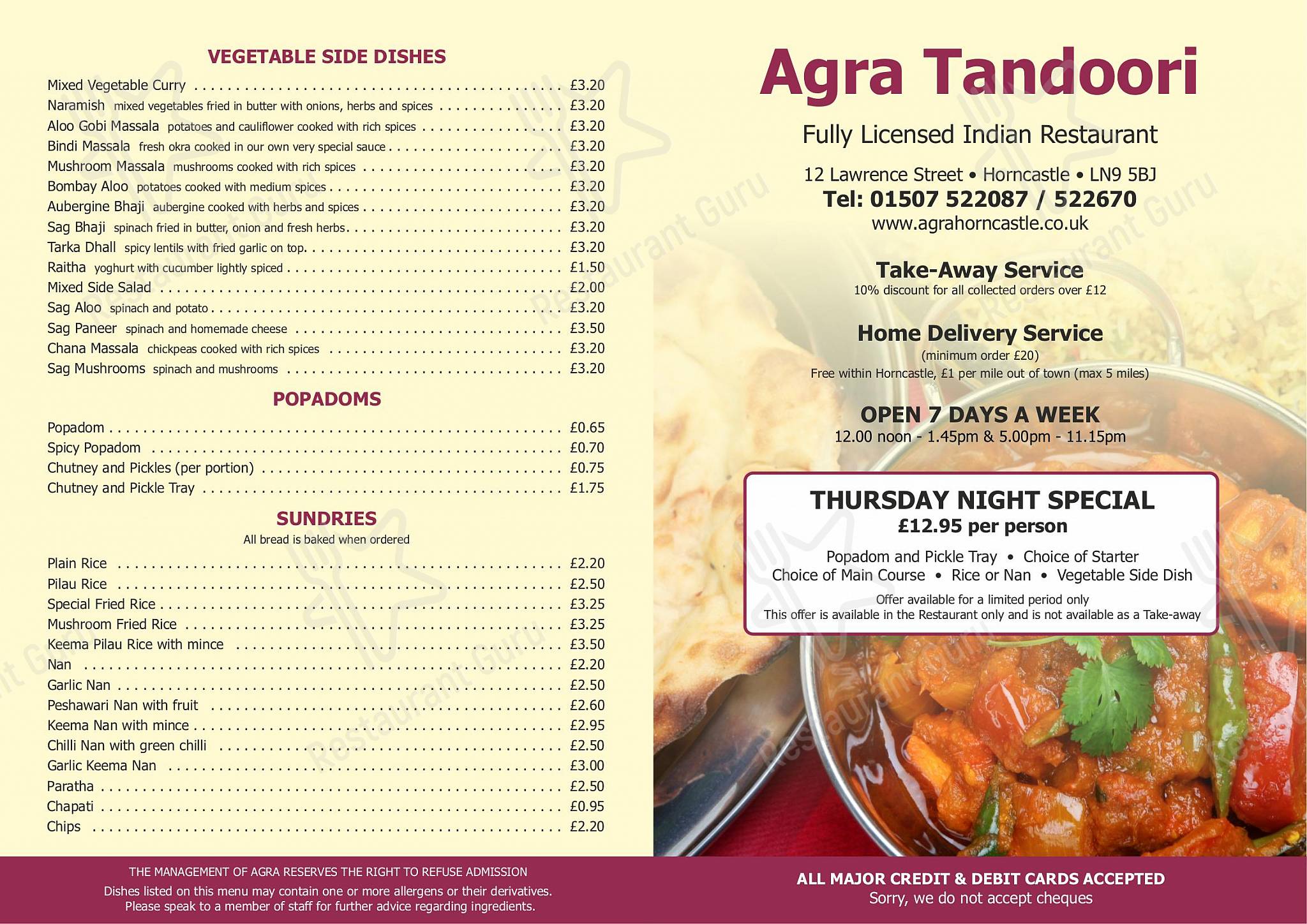 Menu at Agra Tandoori Indian Takeway HORNCASTLE restaurant, Horncastle