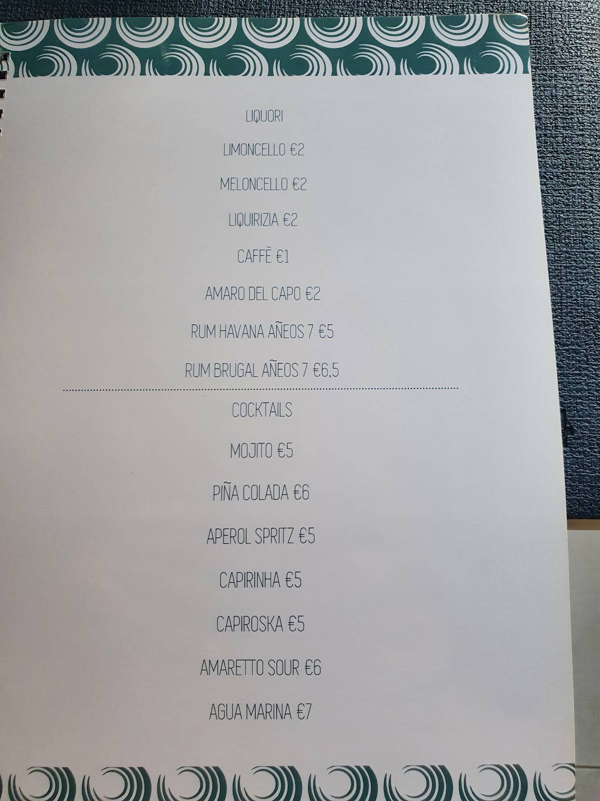 Menu at Agua Marina restaurant, Pompeii