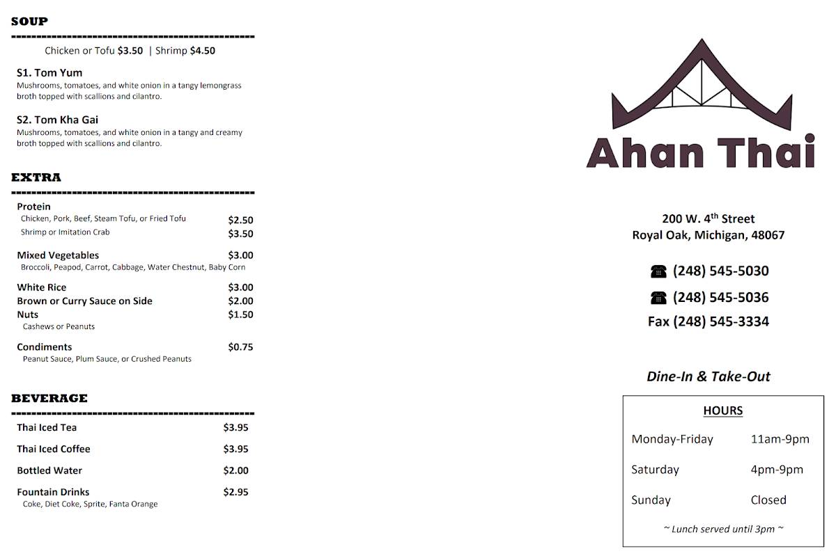 Menu at Ahan Thai Restaurant, Royal Oak