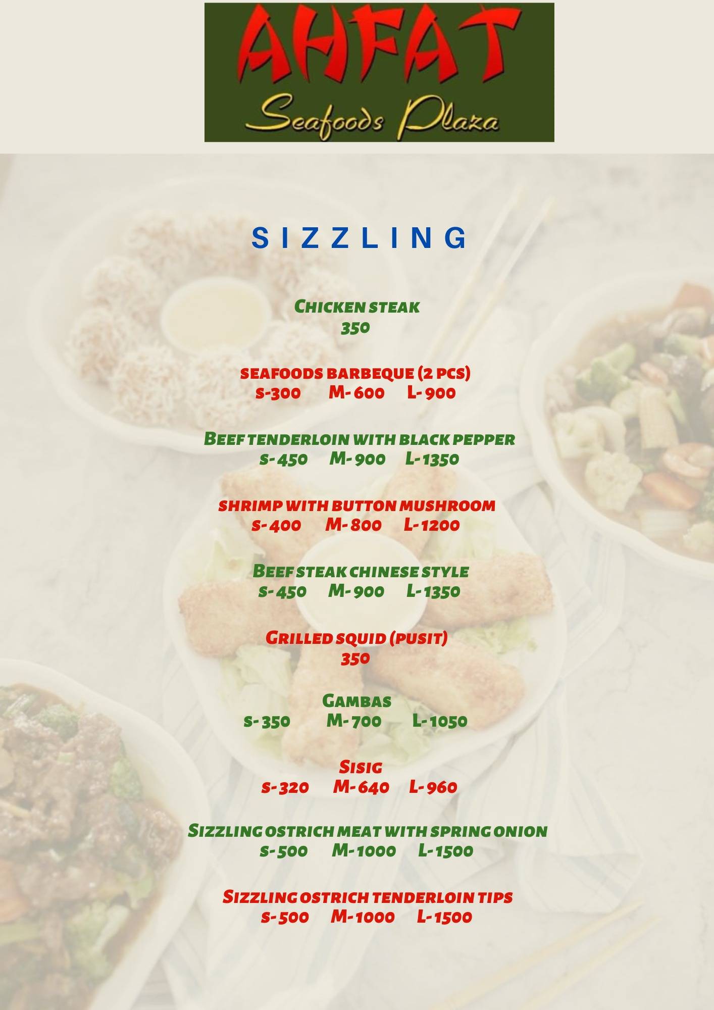 Menu at Ahfat Seafoods Plaza restaurant, Davao City