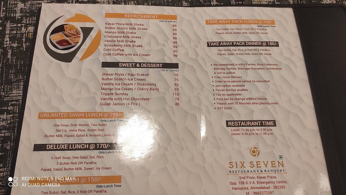 Menu at SIX SEVEN RESTAURANT AND BANQUET, Ahmedabad