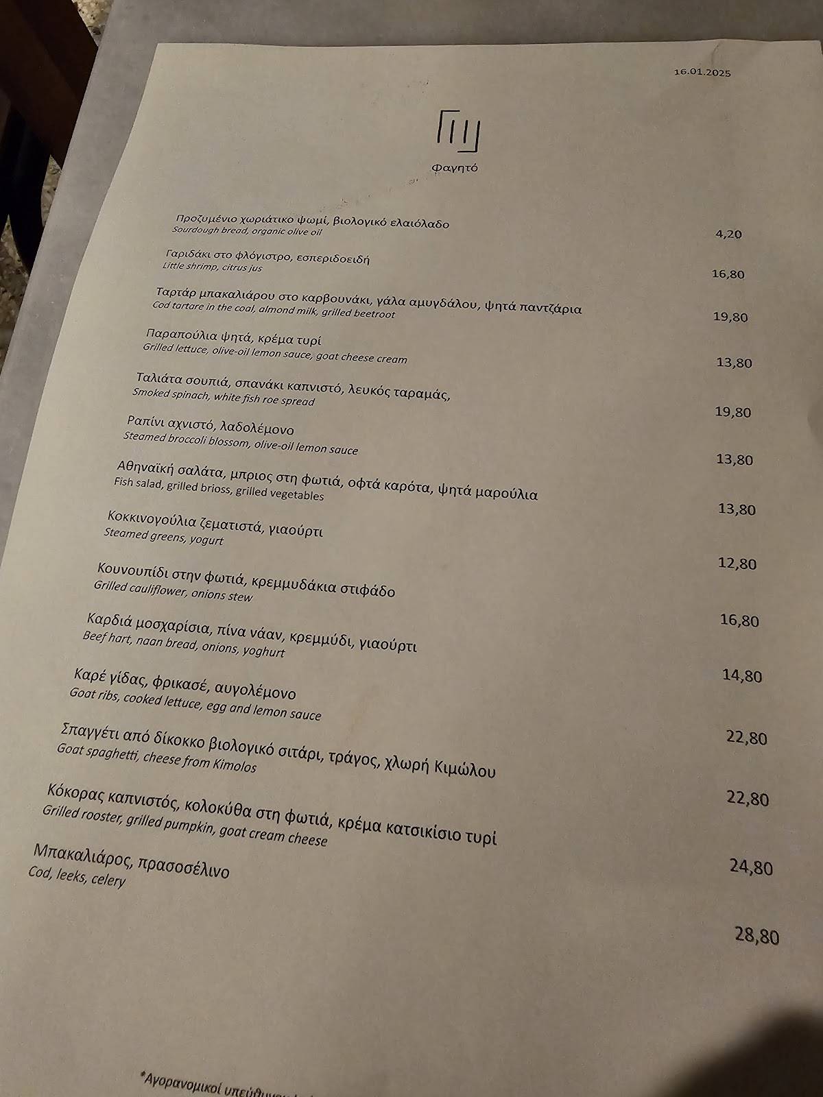 Menu at Akra, Athens