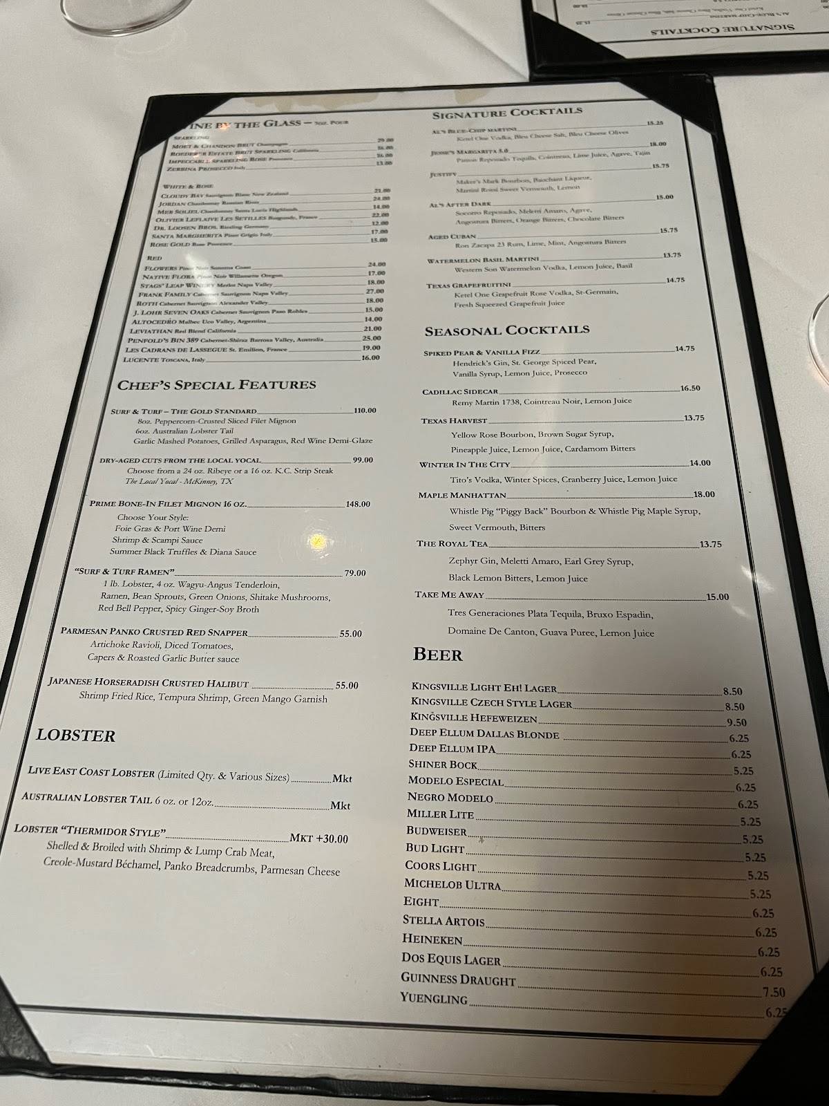 Menu at Al Biernat's Oak Lawn steakhouse, Dallas