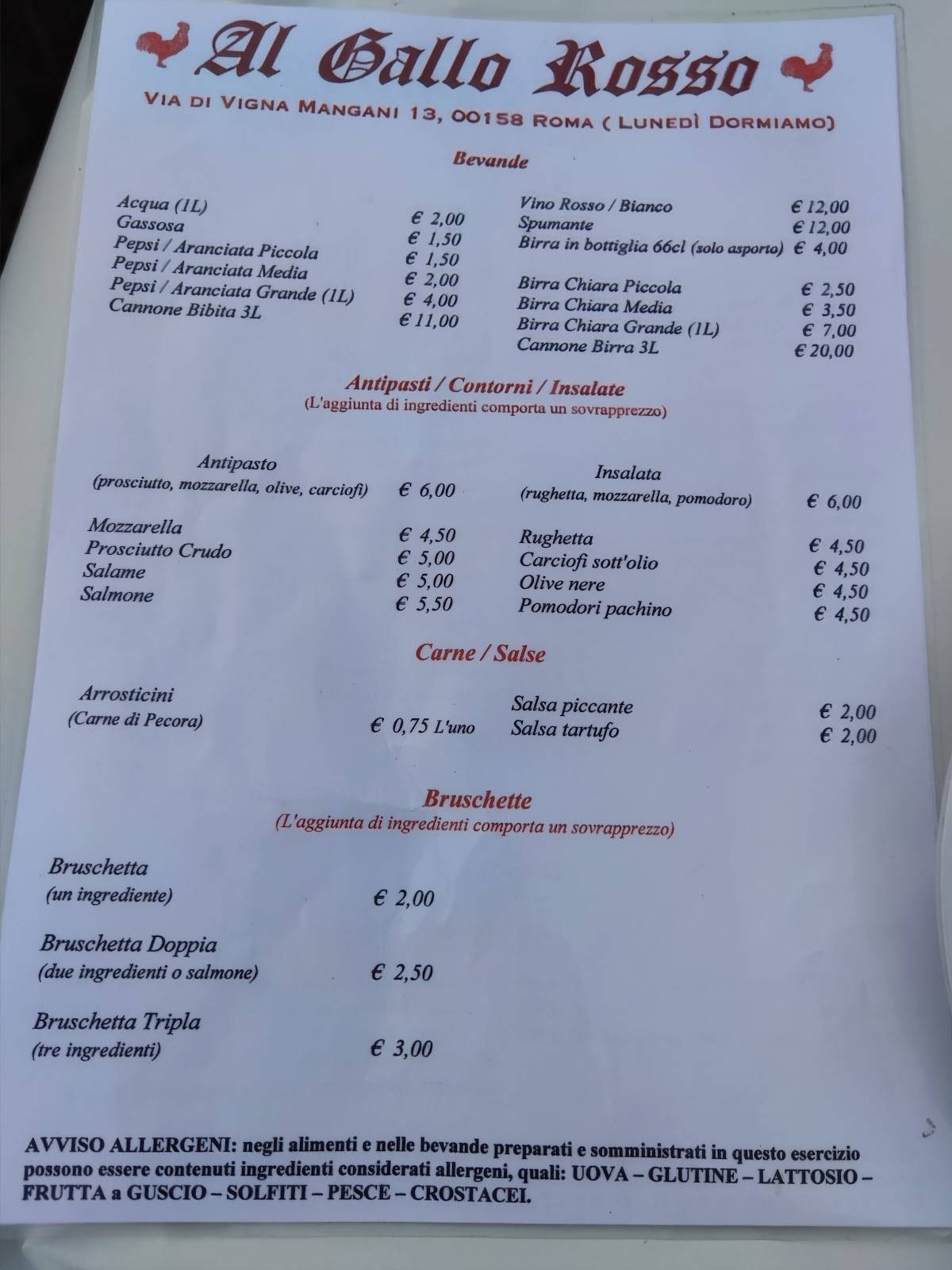 Menu da Al Gallo Rosso ristorante, Roma, Via di Vigna Mangani