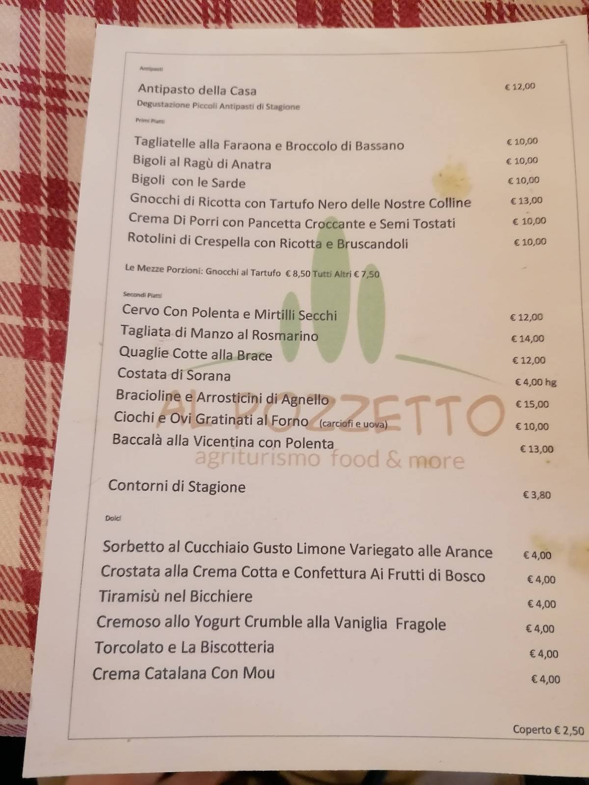 Menu at Al Pozzetto restaurant, Molvena