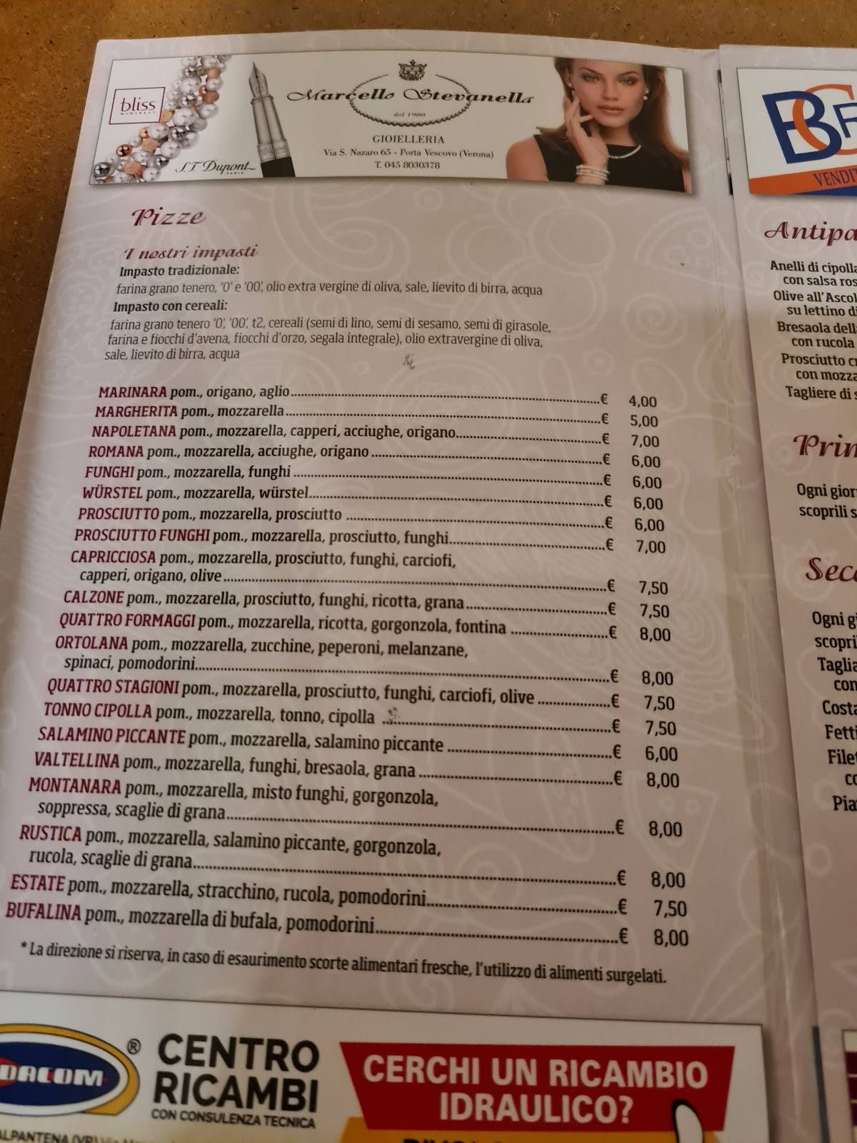 Speisekarte von Al Vento Pizzeria Ristorante, Verona